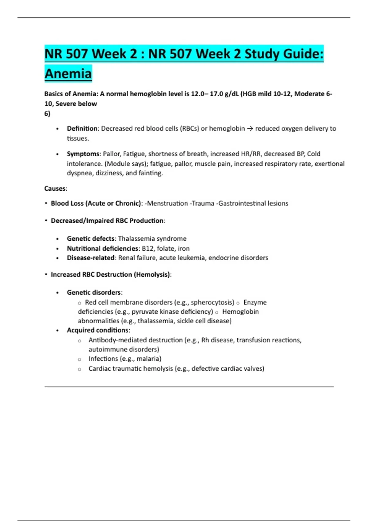 NR 507 Week 2 | Anemia|NR 507 Week 2 Study Guide| Latest Updated A+ ...