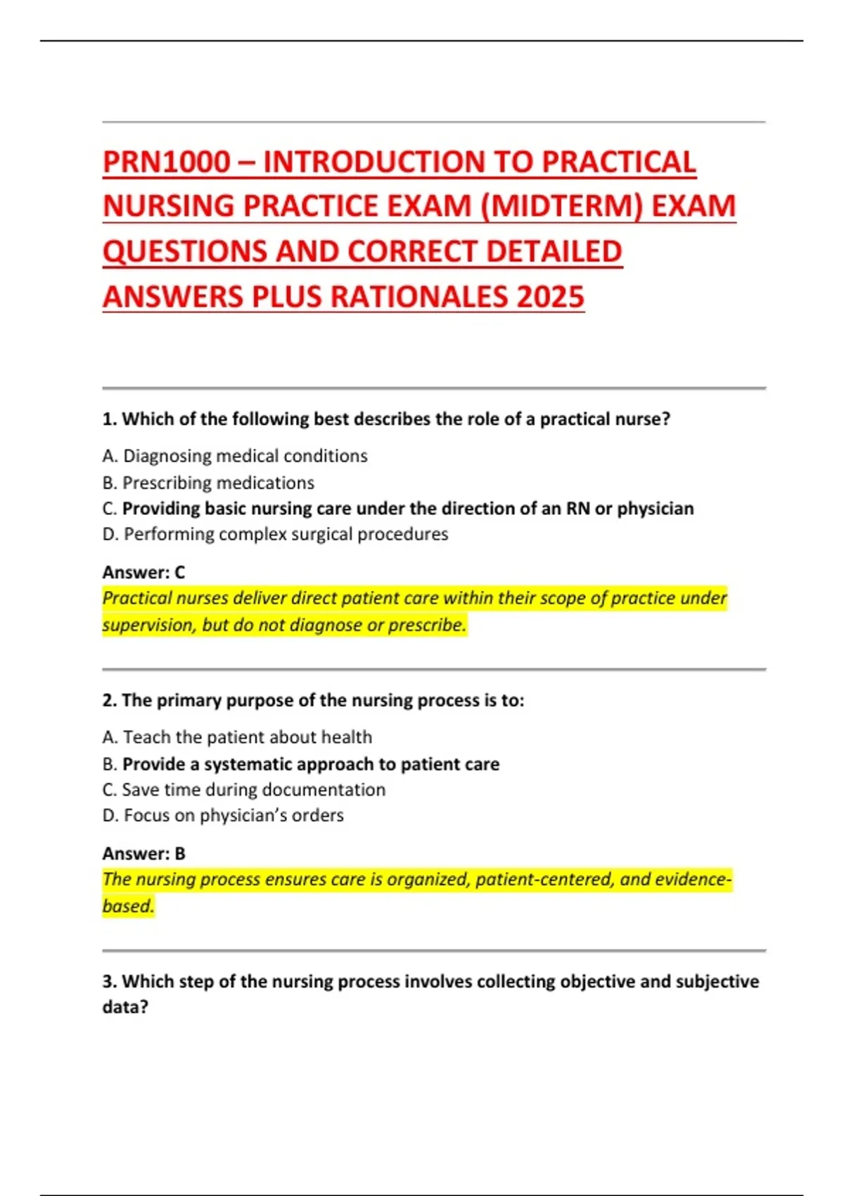 PRN1000 – INTRODUCTION TO PRACTICAL NURSING PRACTICE EXAM (MIDTERM ...
