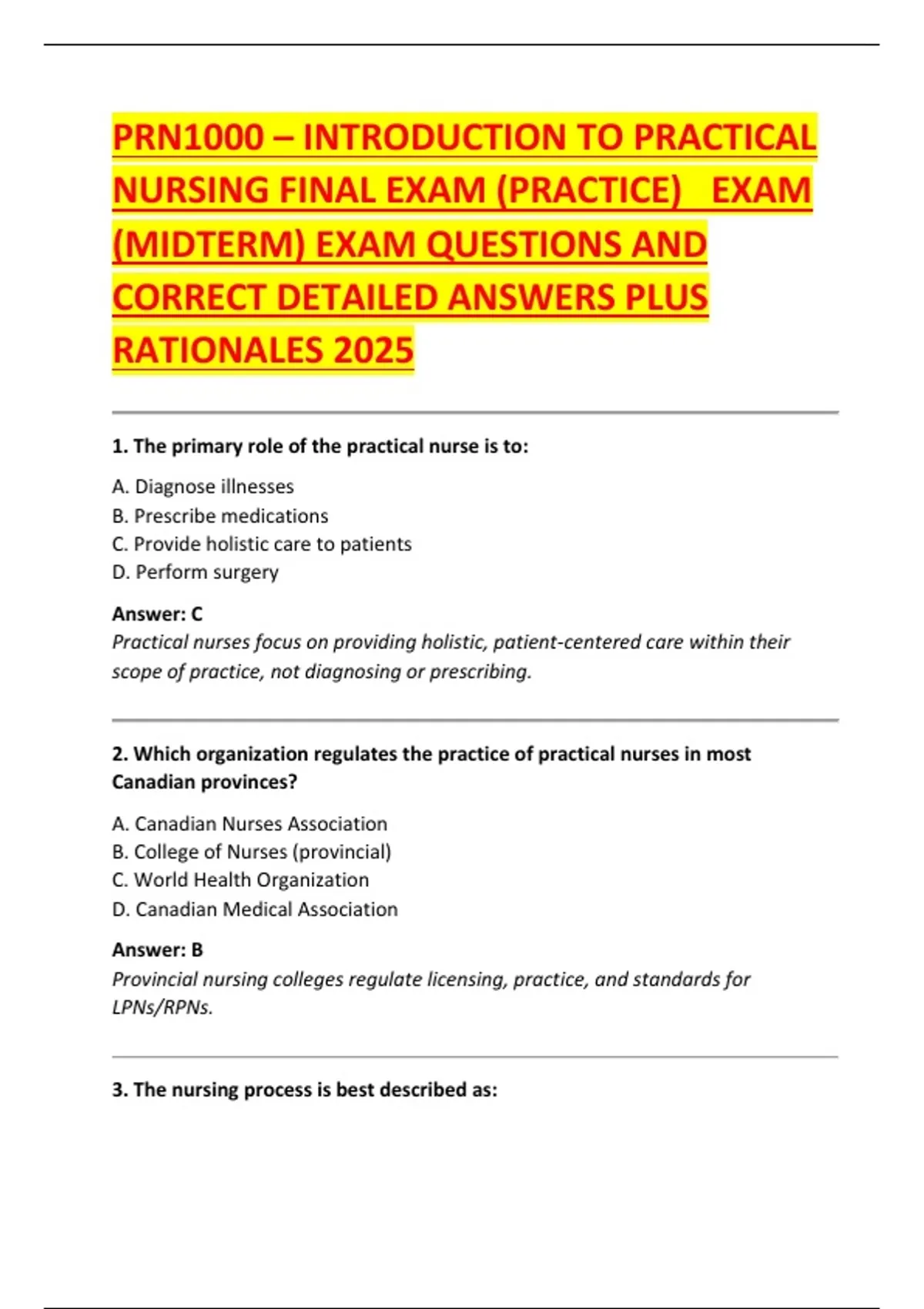 PRN1000 – INTRODUCTION TO PRACTICAL NURSING FINAL EXAM (PRACTICE) EXAM (MIDTERM) EXAM QUESTIONS ...