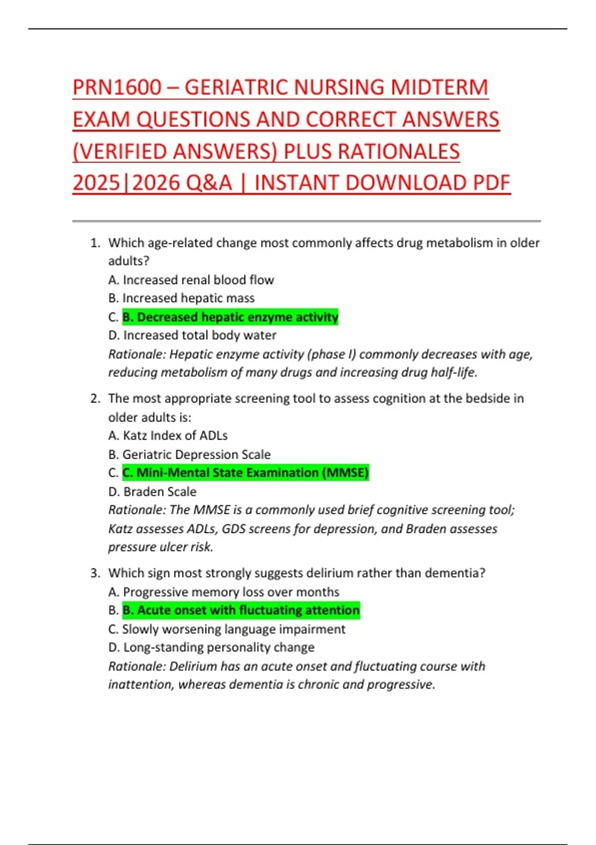 PRN1600 – GERIATRIC NURSING MIDTERM EXAM QUESTIONS AND CORRECT ANSWERS ...
