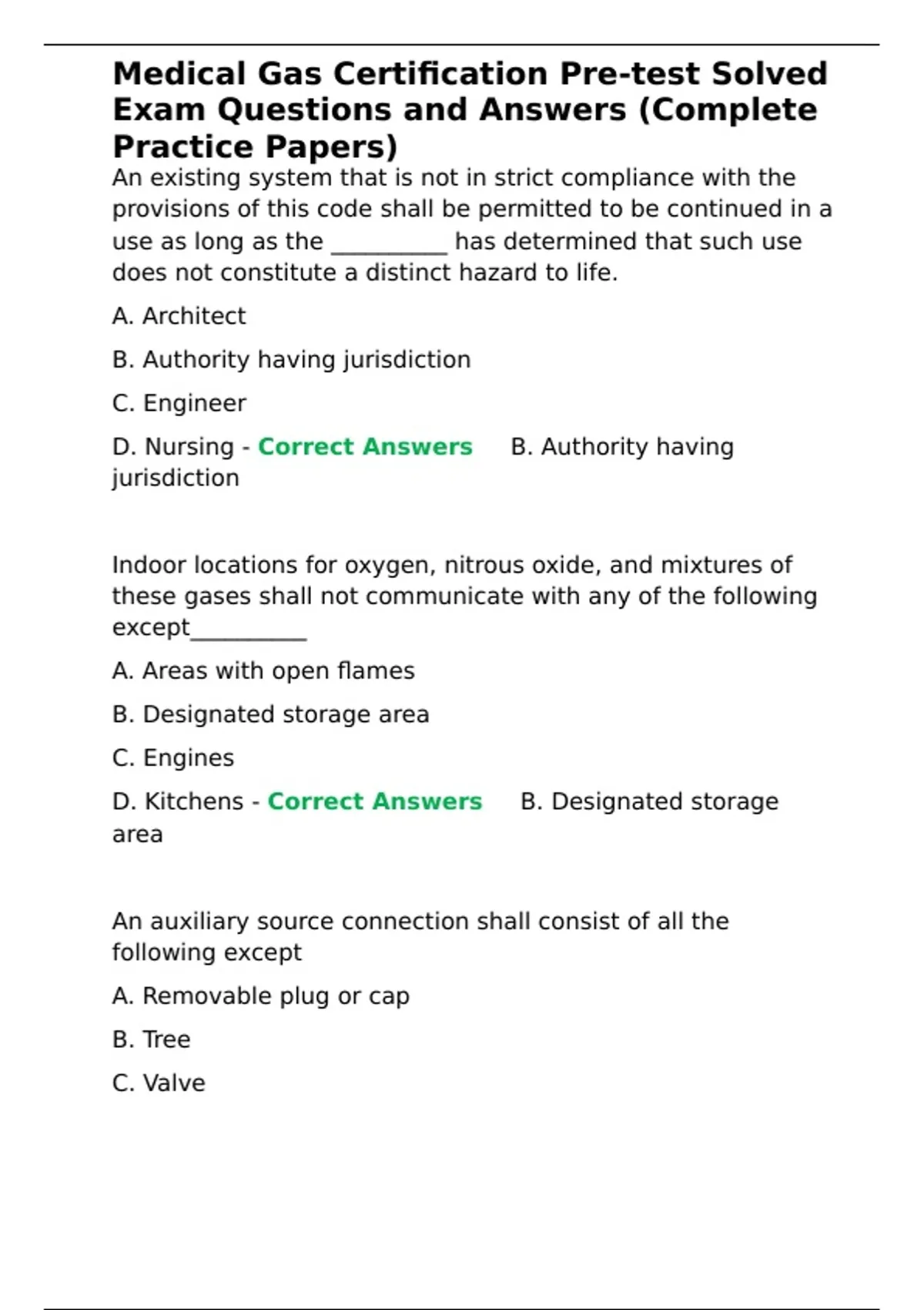 Medical Gas Certification Pre-test Solved Exam Questions and Answers ...