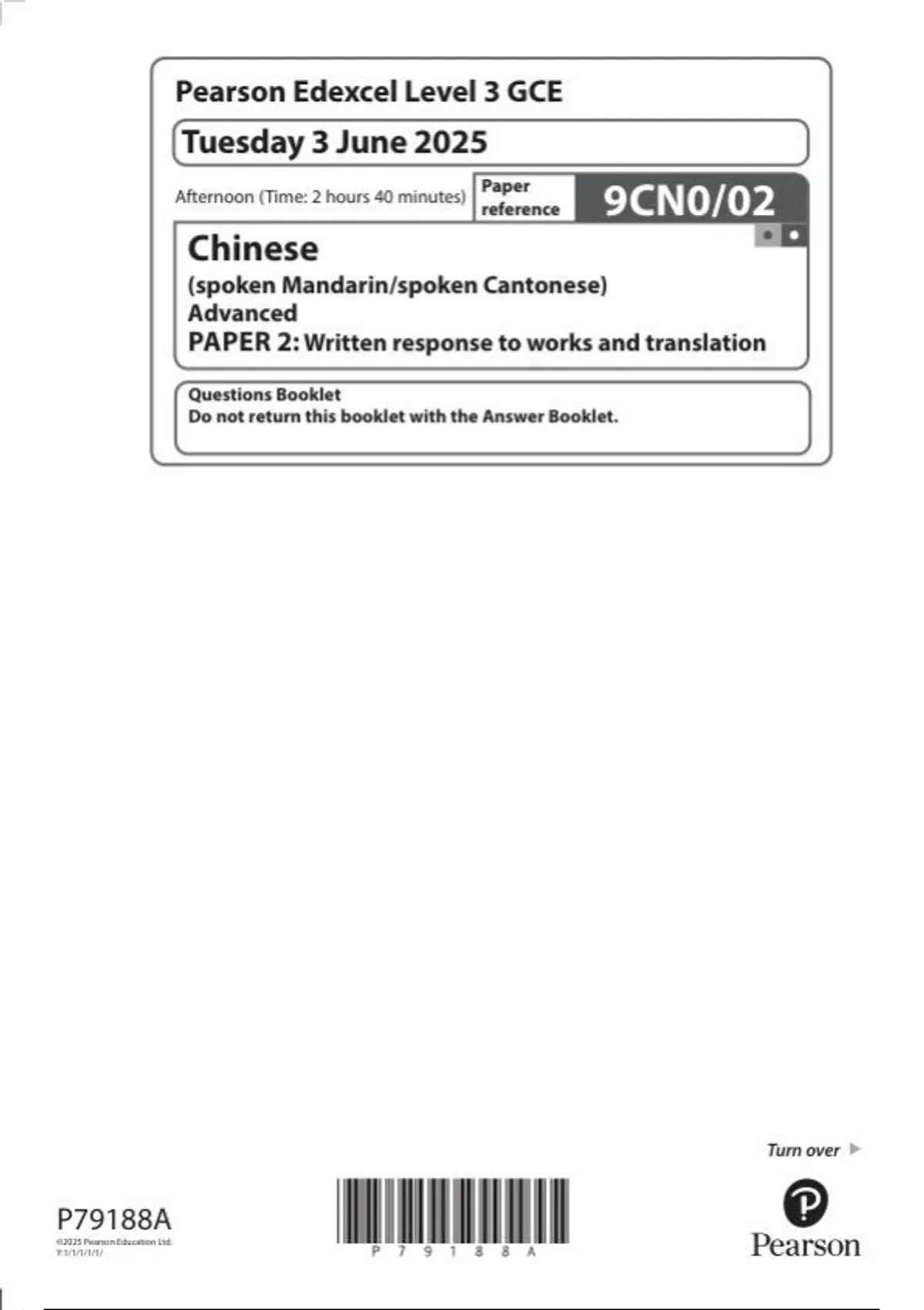 Pearson Edexcel GCE 9cn0-02 In Chinese (9CN0) Paper 2: Written Response ...