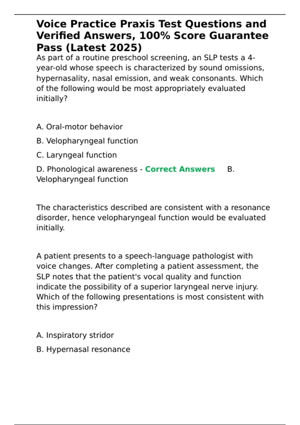 Voice Practice Praxis Test Questions and Verified Answers, 100- Score ...