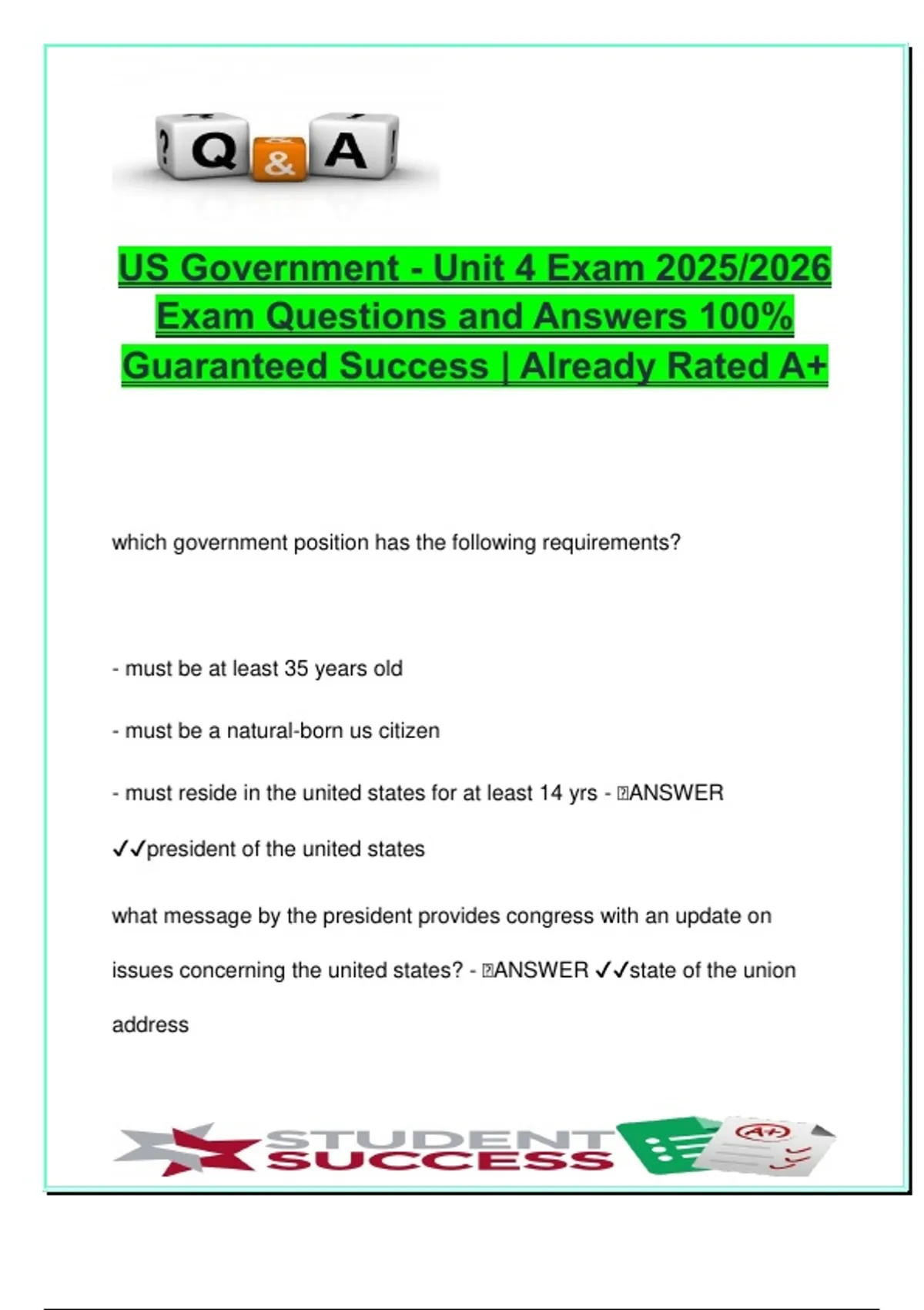 U.S. Government Unit 4 Exam – 70+ Verified Q&A | Presidency, Lawmaking ...