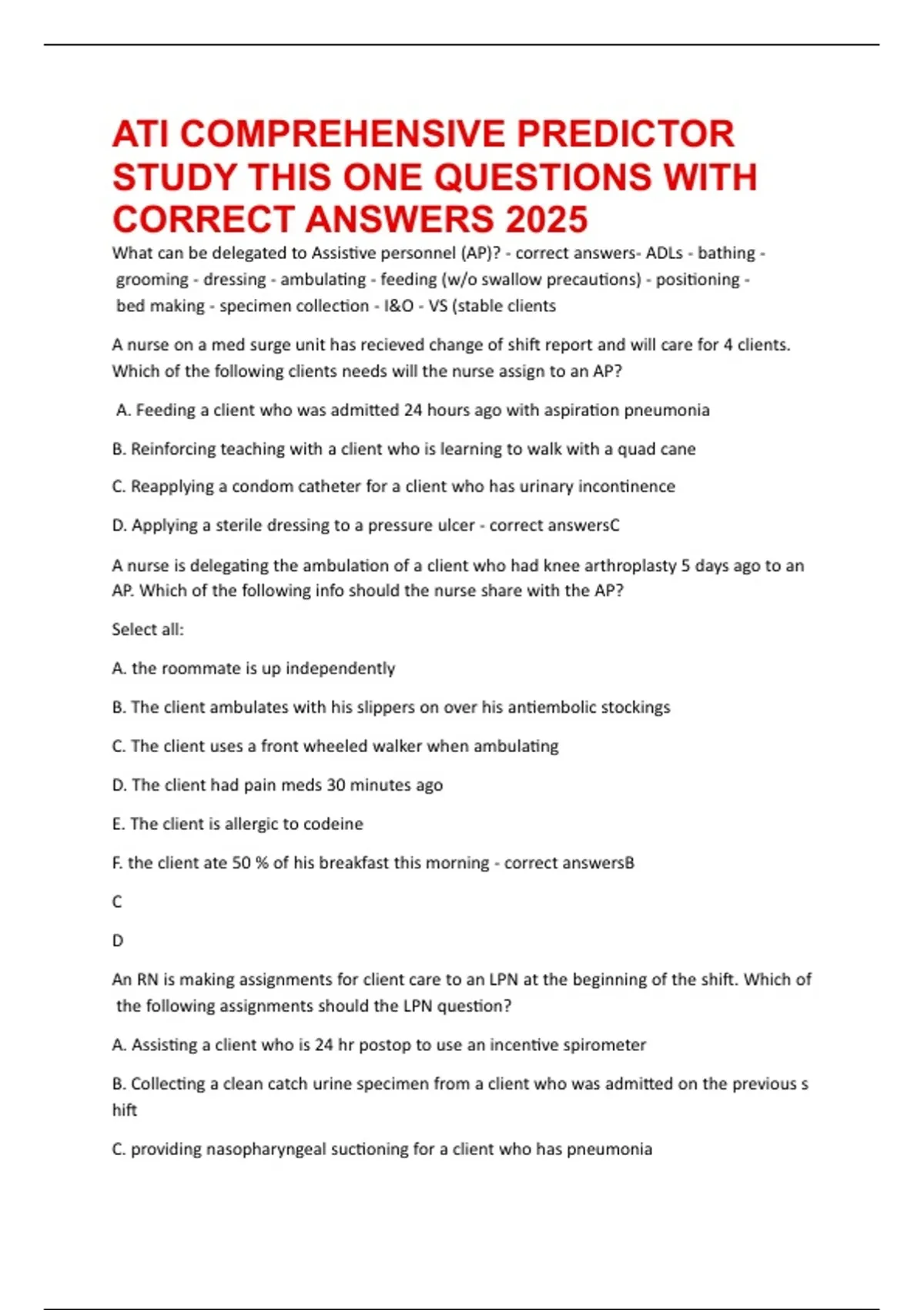 COMPREHENSIVE PREDICTOR TEST A QUESTIONS WITH CORRECT ANSWERS 2025 ...