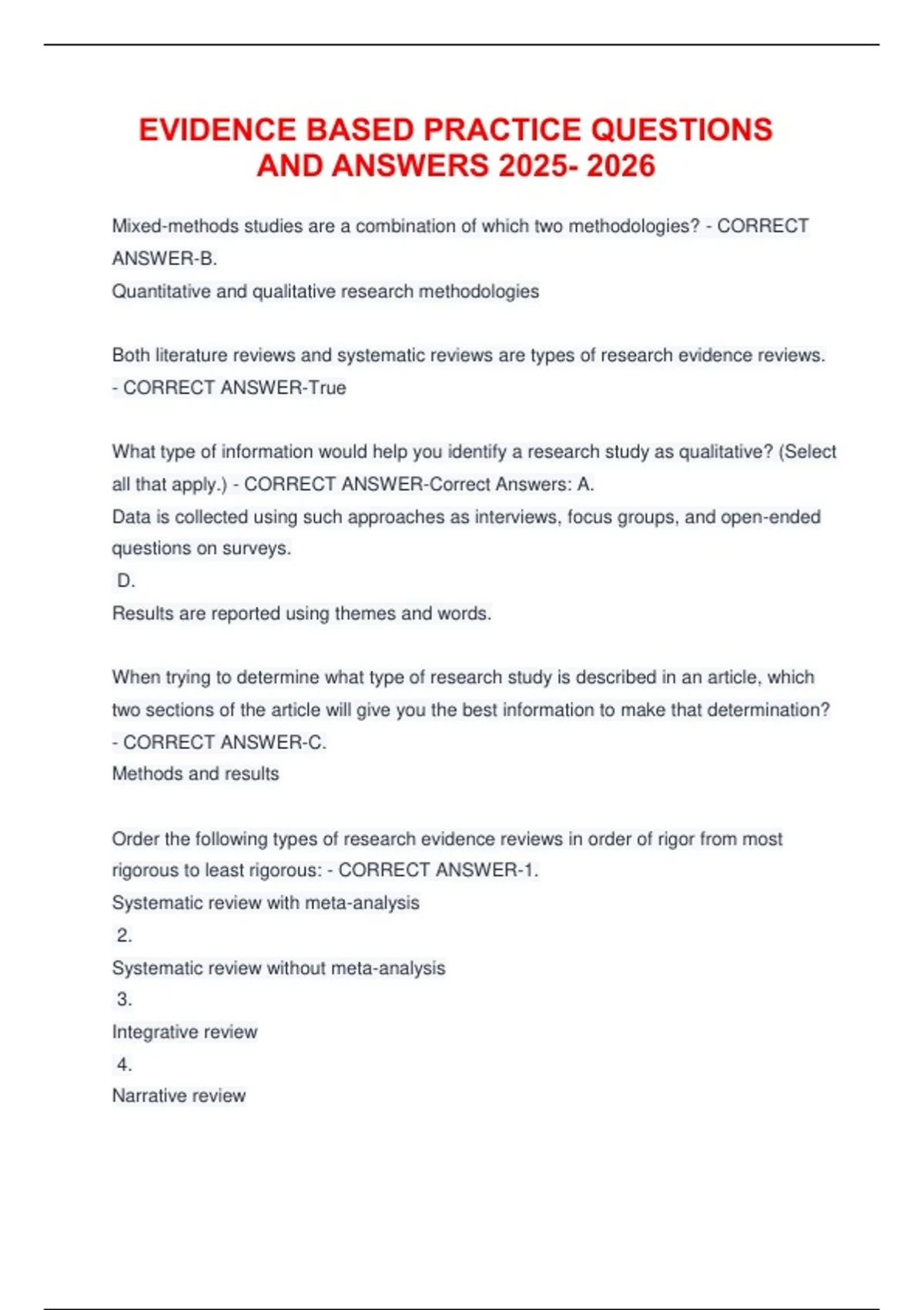 Evidence Based Practice questions and answers - Evidence Based Practice ...