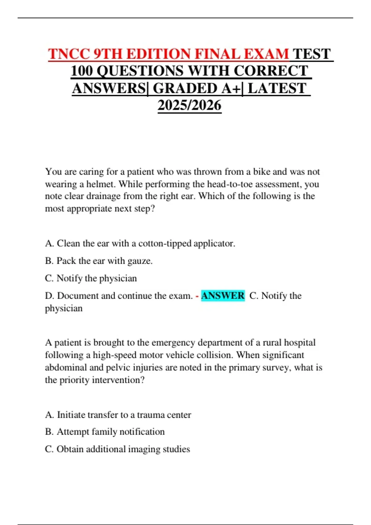 TNCC 9TH EDITION FINAL EXAM TEST 100 QUESTIONS WITH CORRECT ANSWERS ...