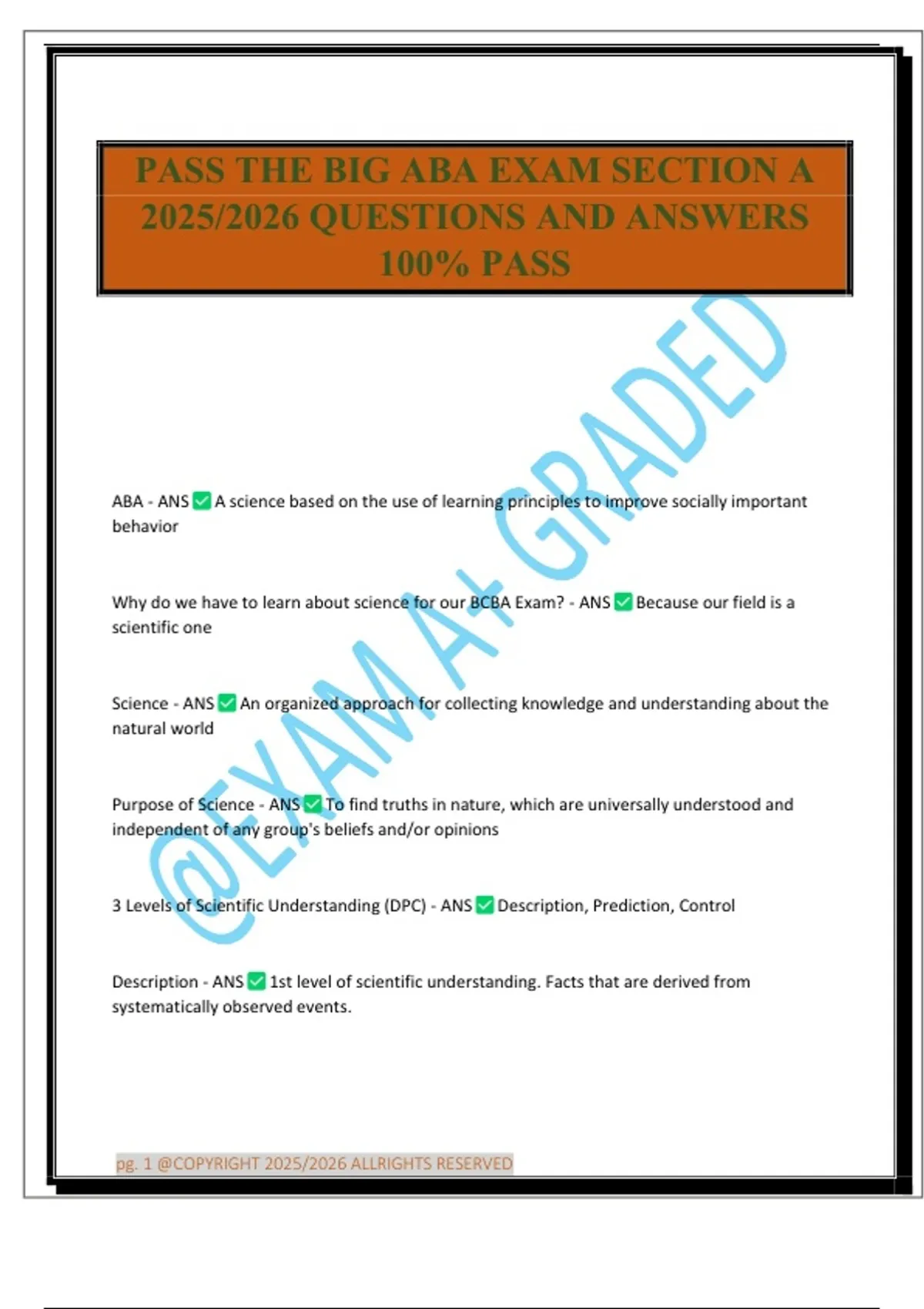 PASS THE BIG ABA EXAM SECTION A 2025/2026 QUESTIONS AND ANSWERS 100% ...