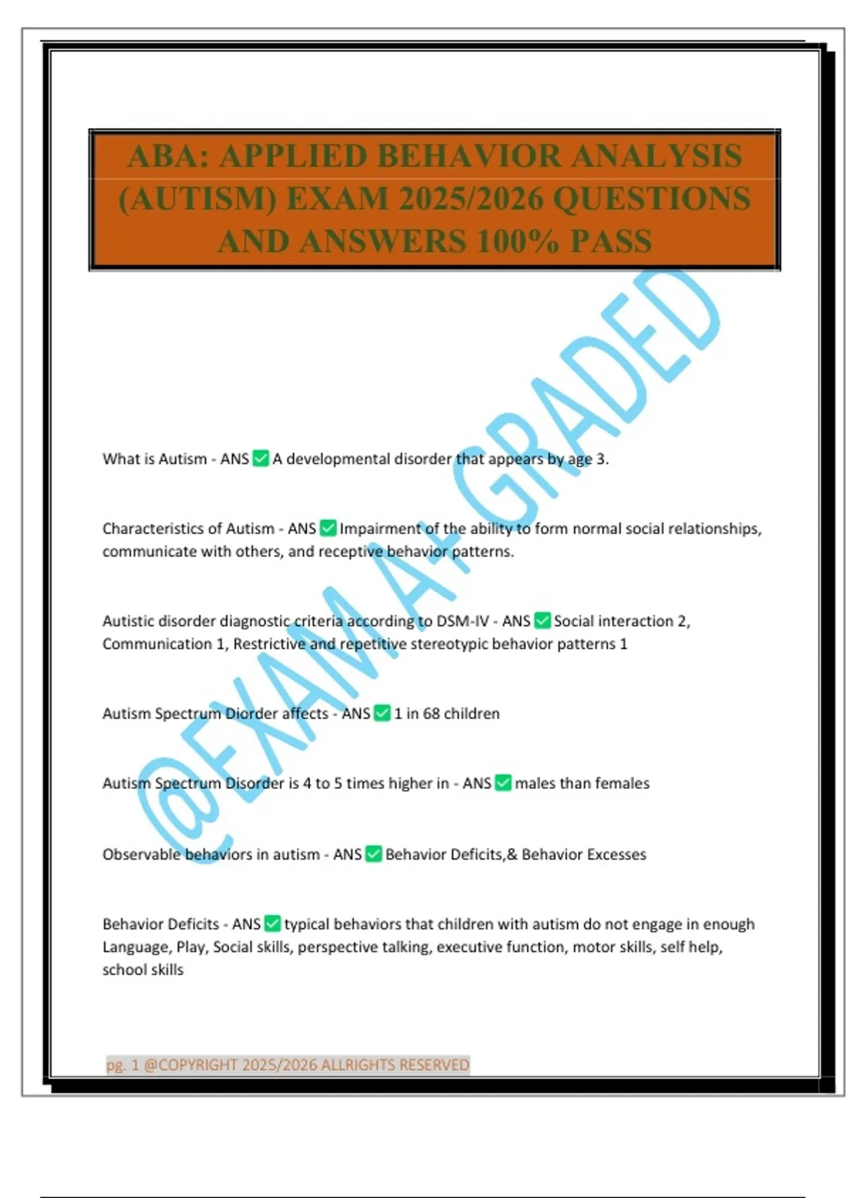 ABA: APPLIED BEHAVIOR ANALYSIS (AUTISM) EXAM 2025/2026 QUESTIONS AND ...