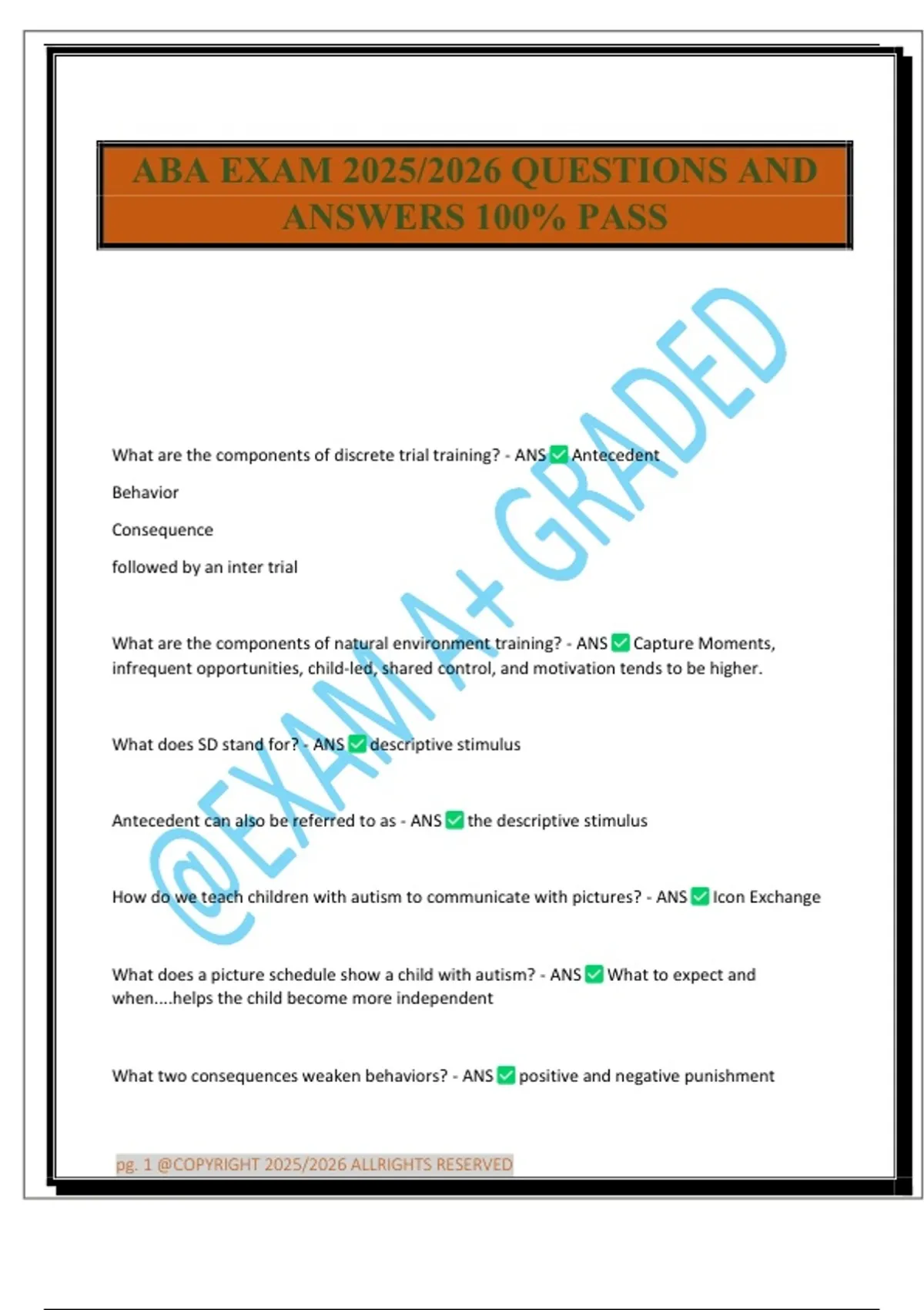 ABA EXAM 2025/2026 QUESTIONS AND ANSWERS 100% PASS - ABA - Stuvia US