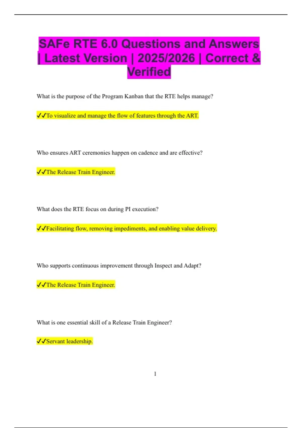 SAFe RTE 6.0 Questions and Answers | Latest Version | 2025/2026 ...