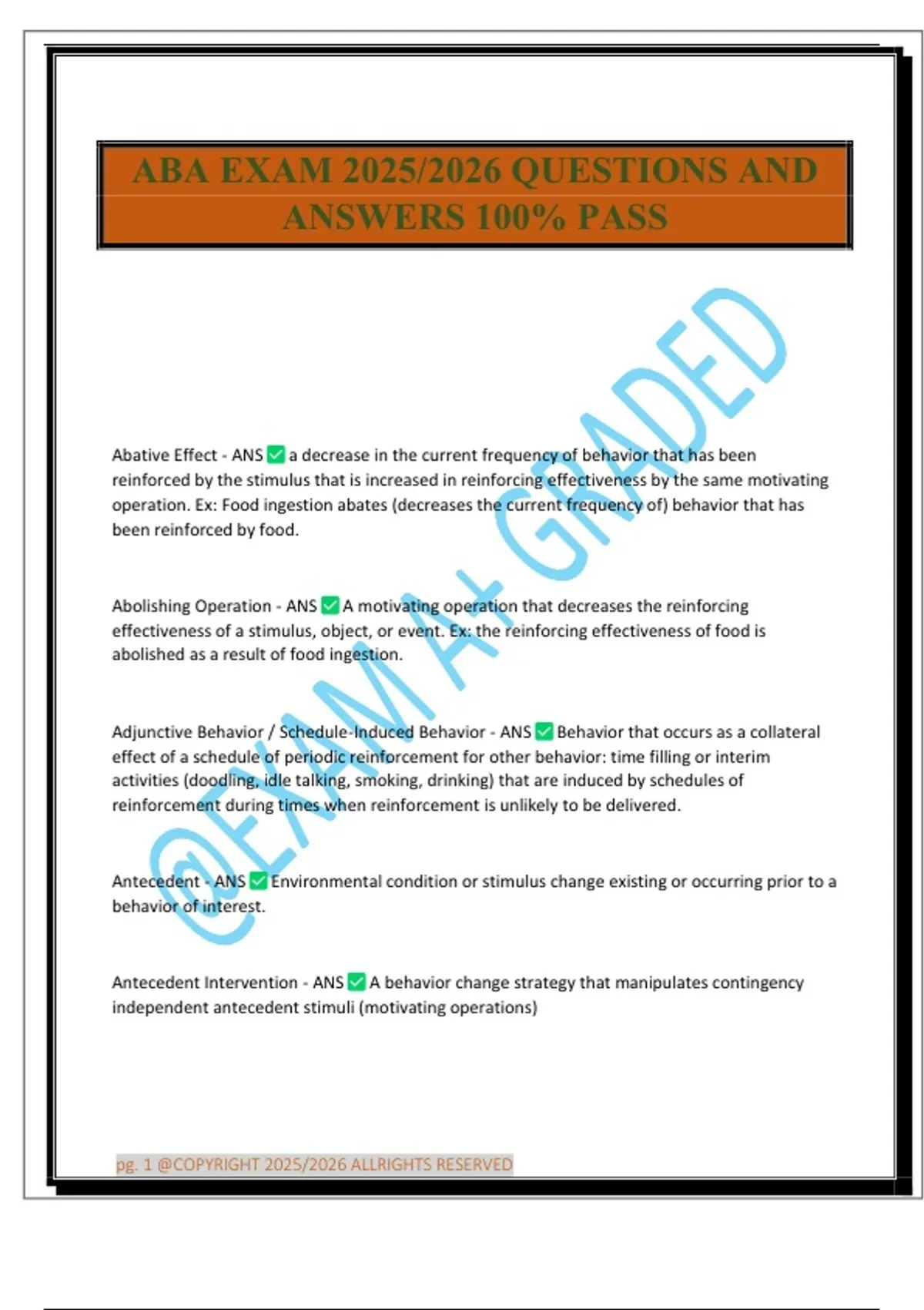 ABA EXAM 2025/2026 QUESTIONS AND ANSWERS 100% PASS - ABA - Stuvia US