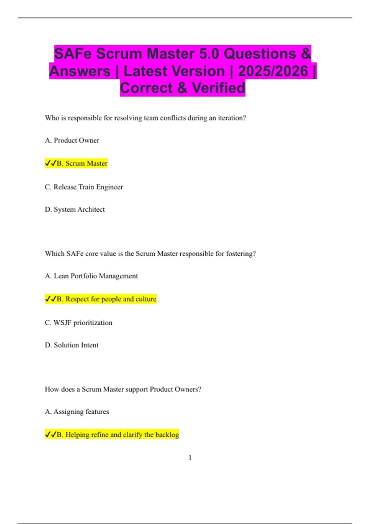 SAFe Scrum Master 5.0 Questions & Answers | Latest Version | 2025/2026 ...