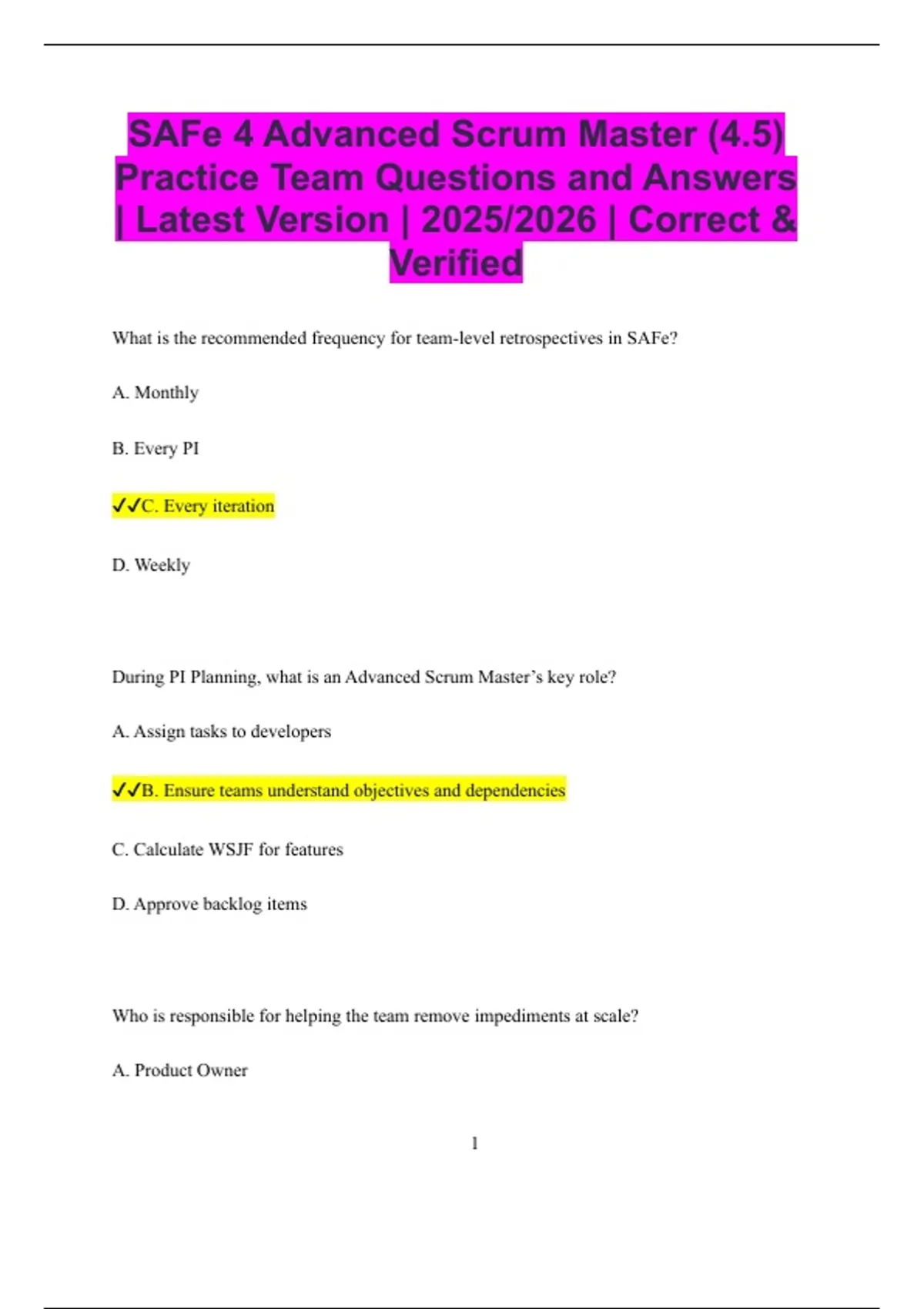 SAFe 4 Advanced Scrum Master (4.5) Practice Team Questions and Answers ...