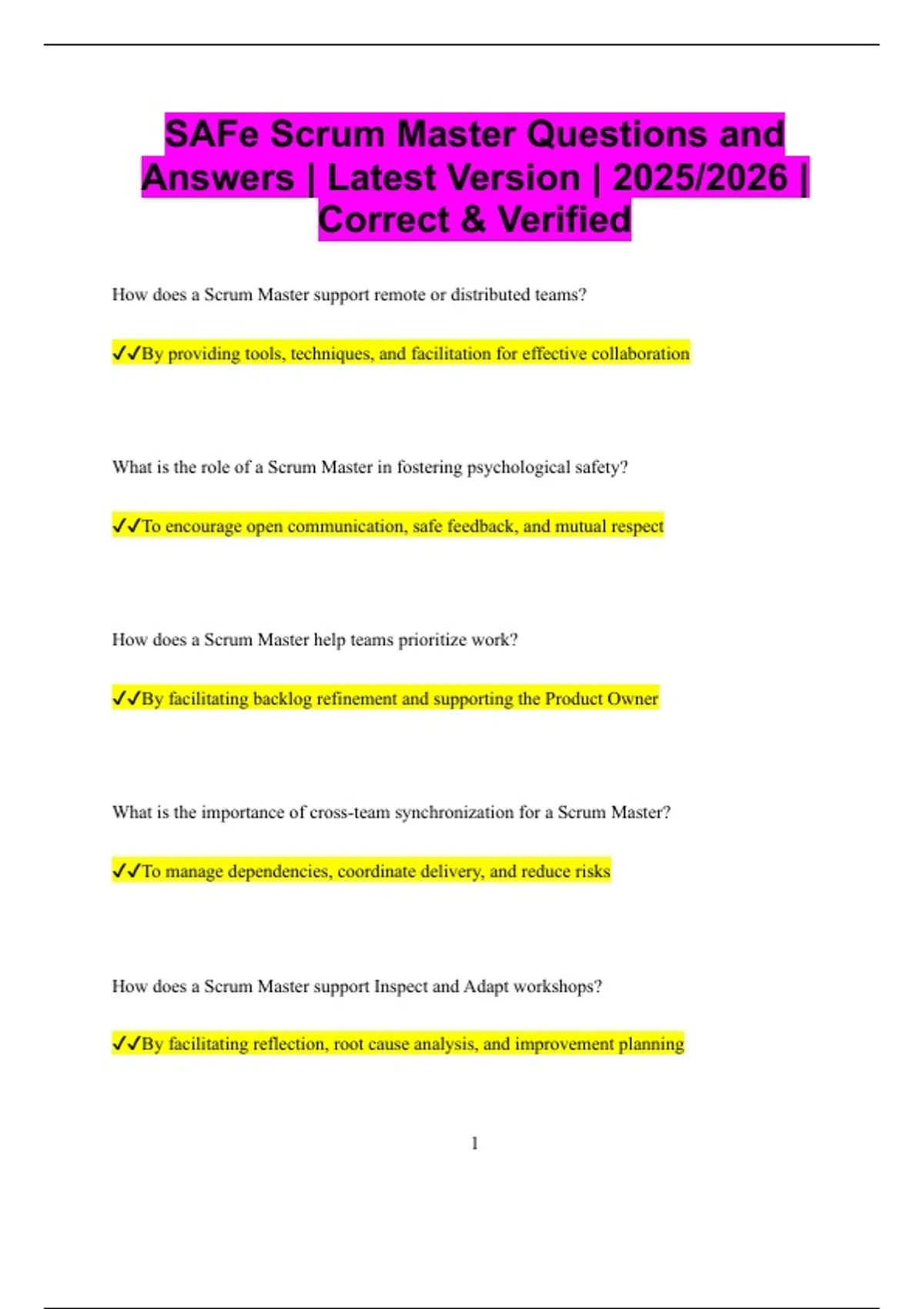 SAFe Scrum Master Questions and Answers | Latest Version | 2025/2026 ...