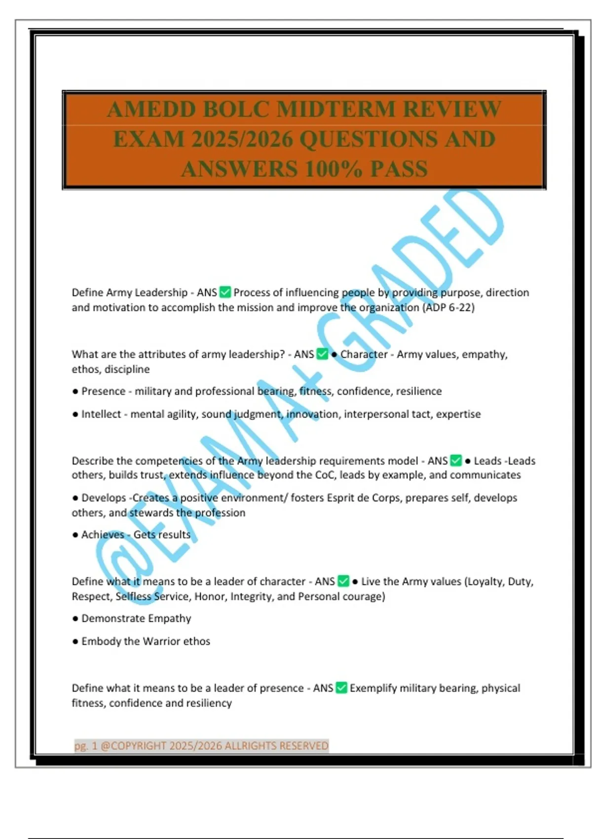 AMEDD BOLC MIDTERM REVIEW EXAM 2025/2026 QUESTIONS AND ANSWERS 100% ...