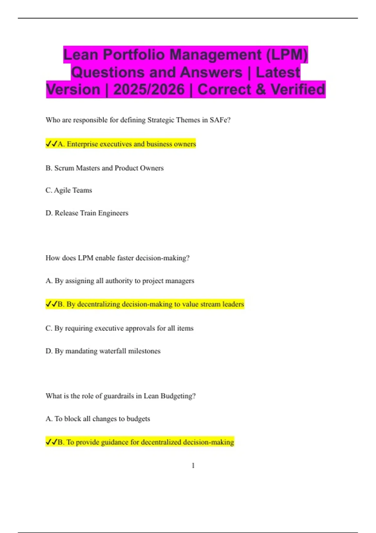 Lean Portfolio Management (LPM) Questions and Answers | Latest Version ...