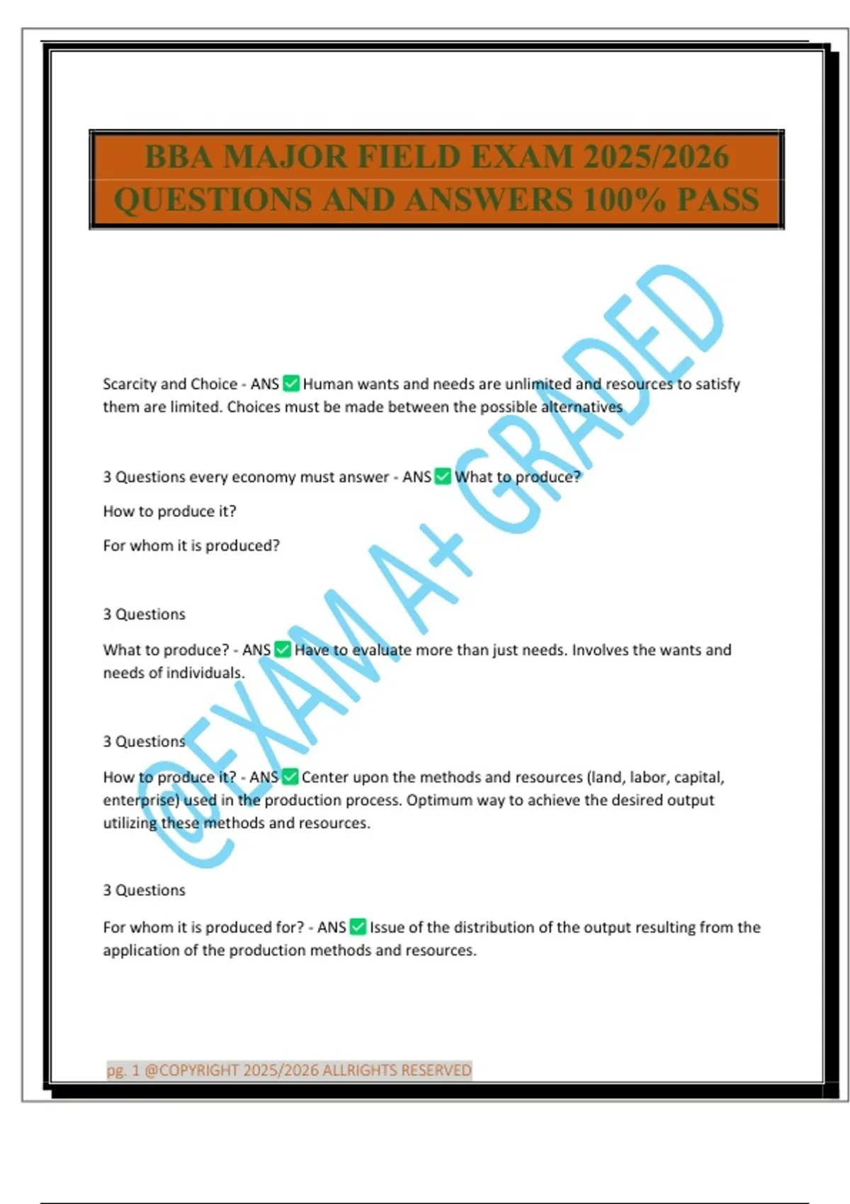 BBA MAJOR FIELD EXAM 2025/2026 QUESTIONS AND ANSWERS 100% PASS - BBA ...