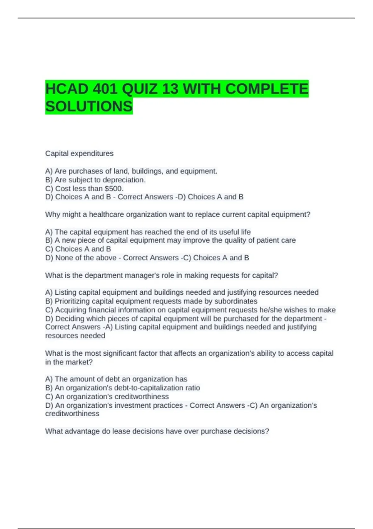 HCAD 401 QUIZ 13 WITH COMPLETE SOLUTIONS - HCAD - Stuvia US
