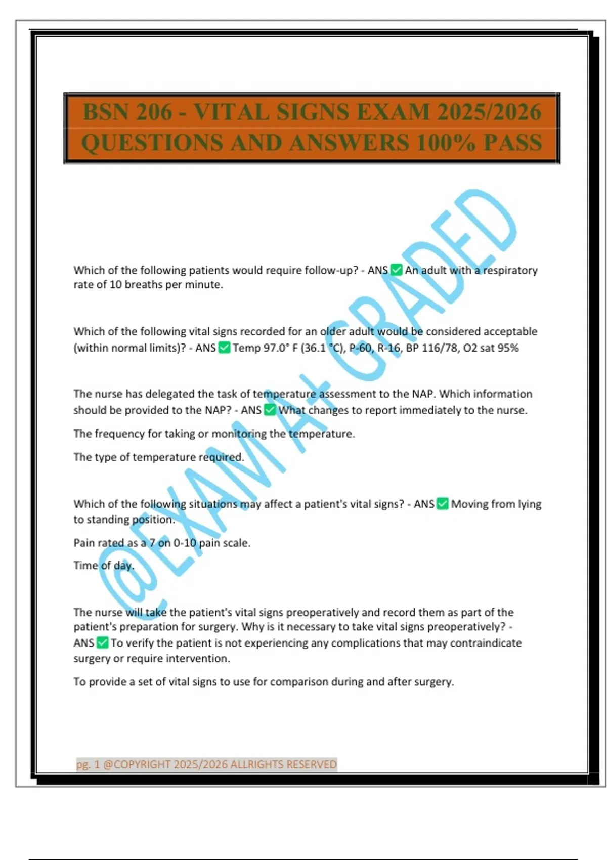 BSN 206 - VITAL SIGNS EXAM 2025/2026 QUESTIONS AND ANSWERS 100% PASS ...