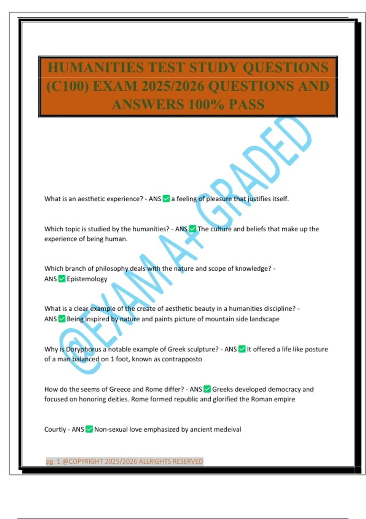 HUMANITIES TEST STUDY QUESTIONS (C100) EXAM 2025/2026 QUESTIONS AND ...