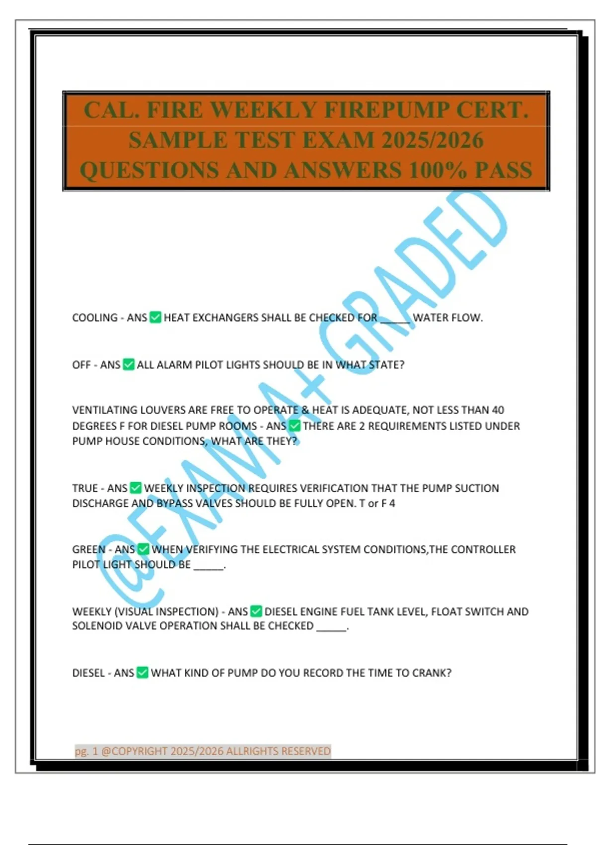 CAL. FIRE WEEKLY FIREPUMP CERT. SAMPLE TEST EXAM 2025/2026 QUESTIONS ...