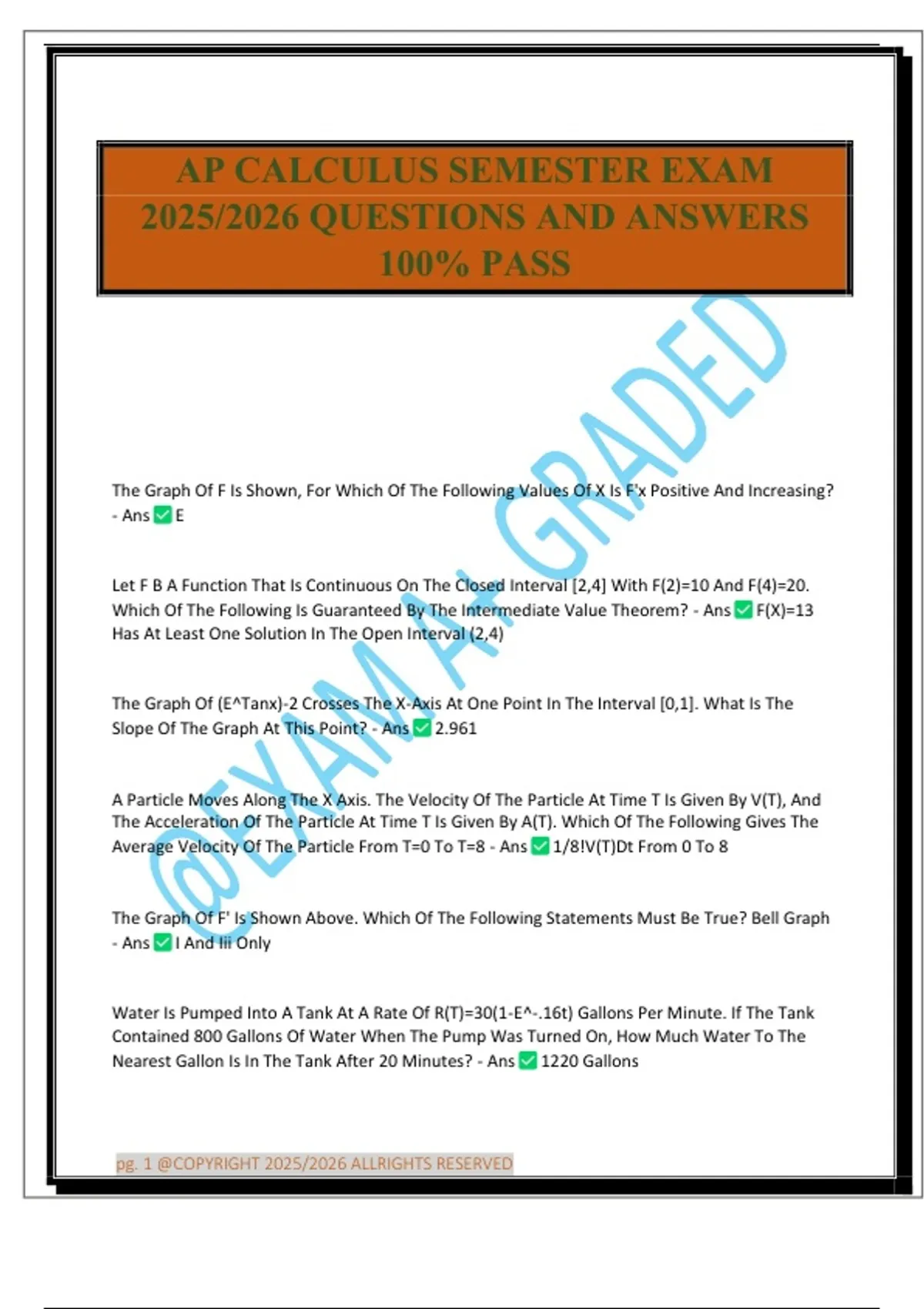 AP CALCULUS SEMESTER EXAM 2025/2026 QUESTIONS AND ANSWERS 100% PASS ...
