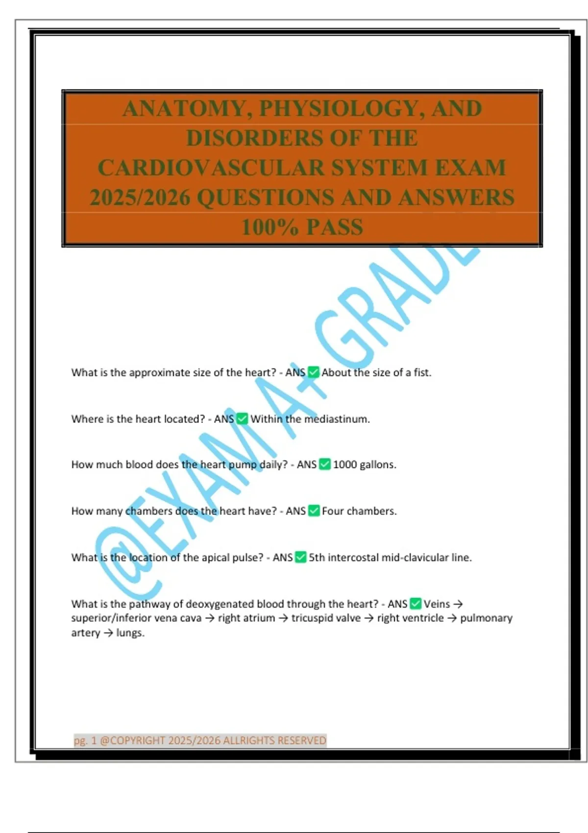 ANATOMY, PHYSIOLOGY, AND DISORDERS OF THE CARDIOVASCULAR SYSTEM EXAM ...