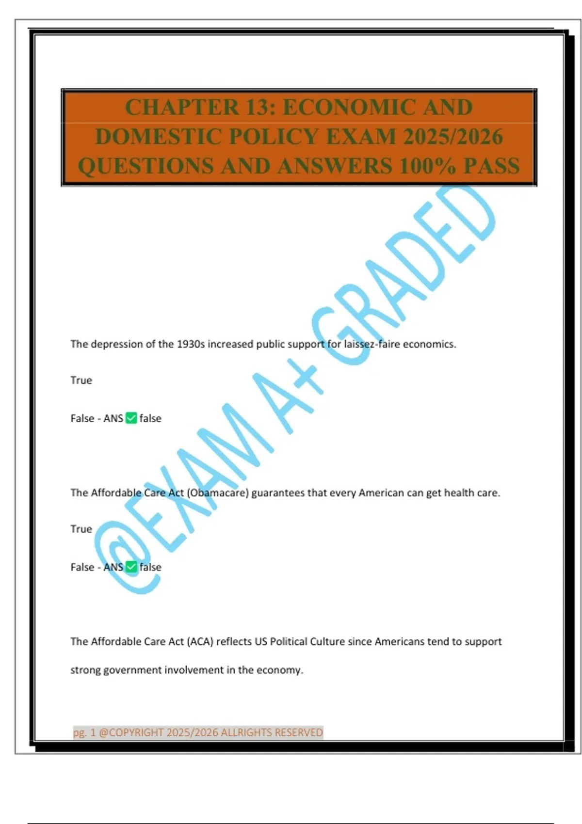 CHAPTER 13: ECONOMIC AND DOMESTIC POLICY EXAM 2025/2026 QUESTIONS AND ...