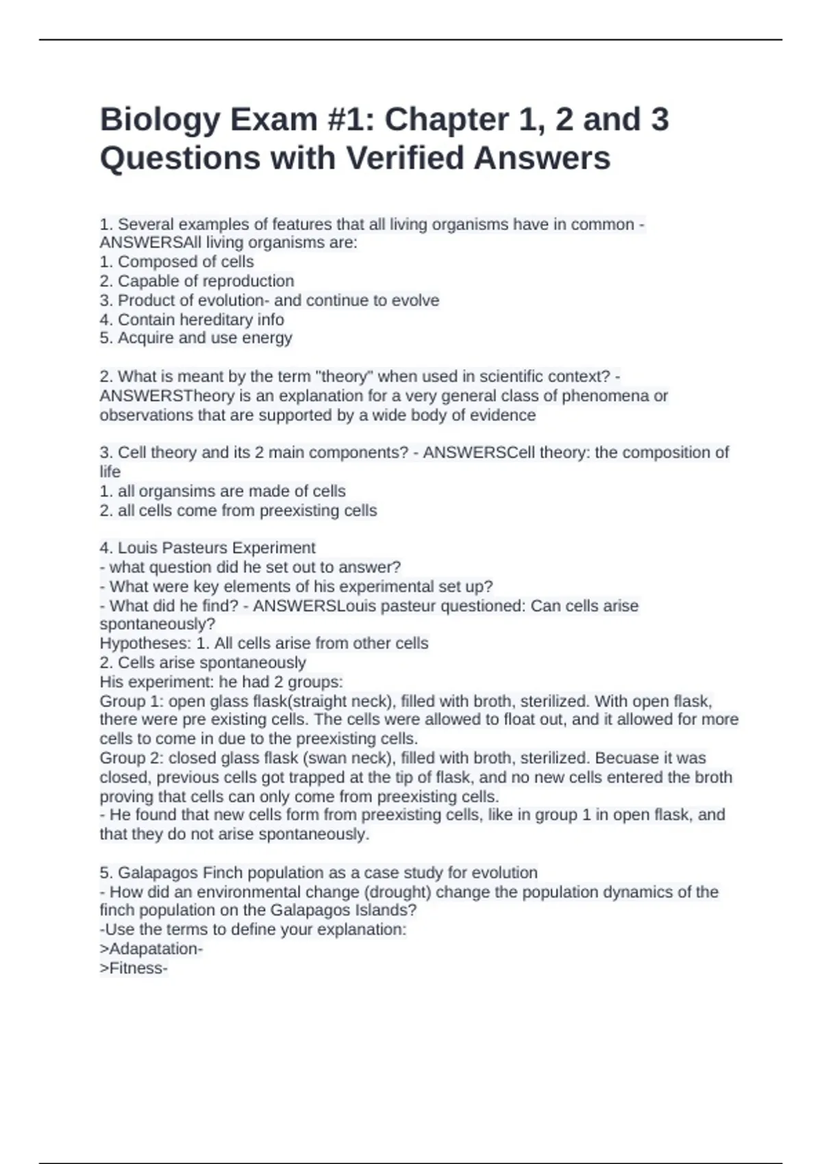 Biology Exam #1: Chapter 1, 2 and 3 Questions with Verified Answers ...