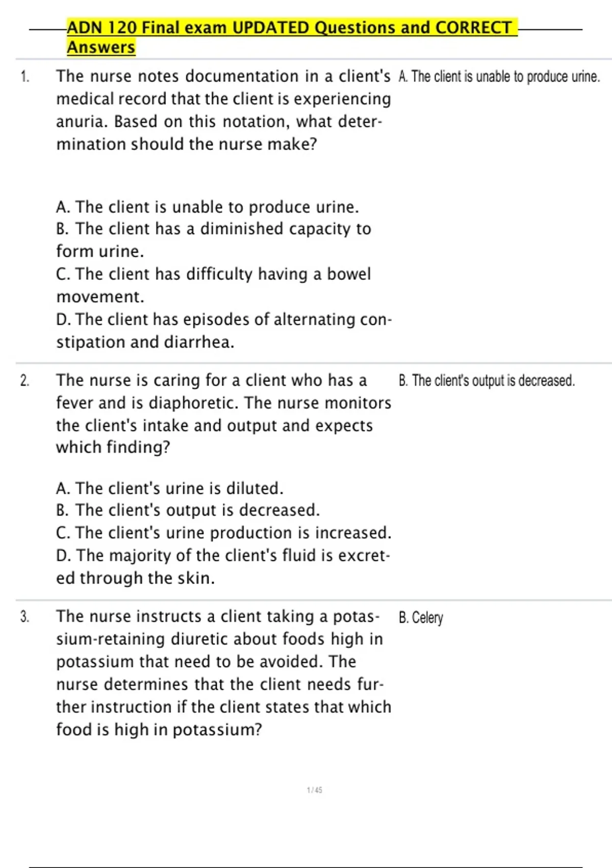 ADN Bundled Exam Questions WITH CORRECT Answers - Stuvia US