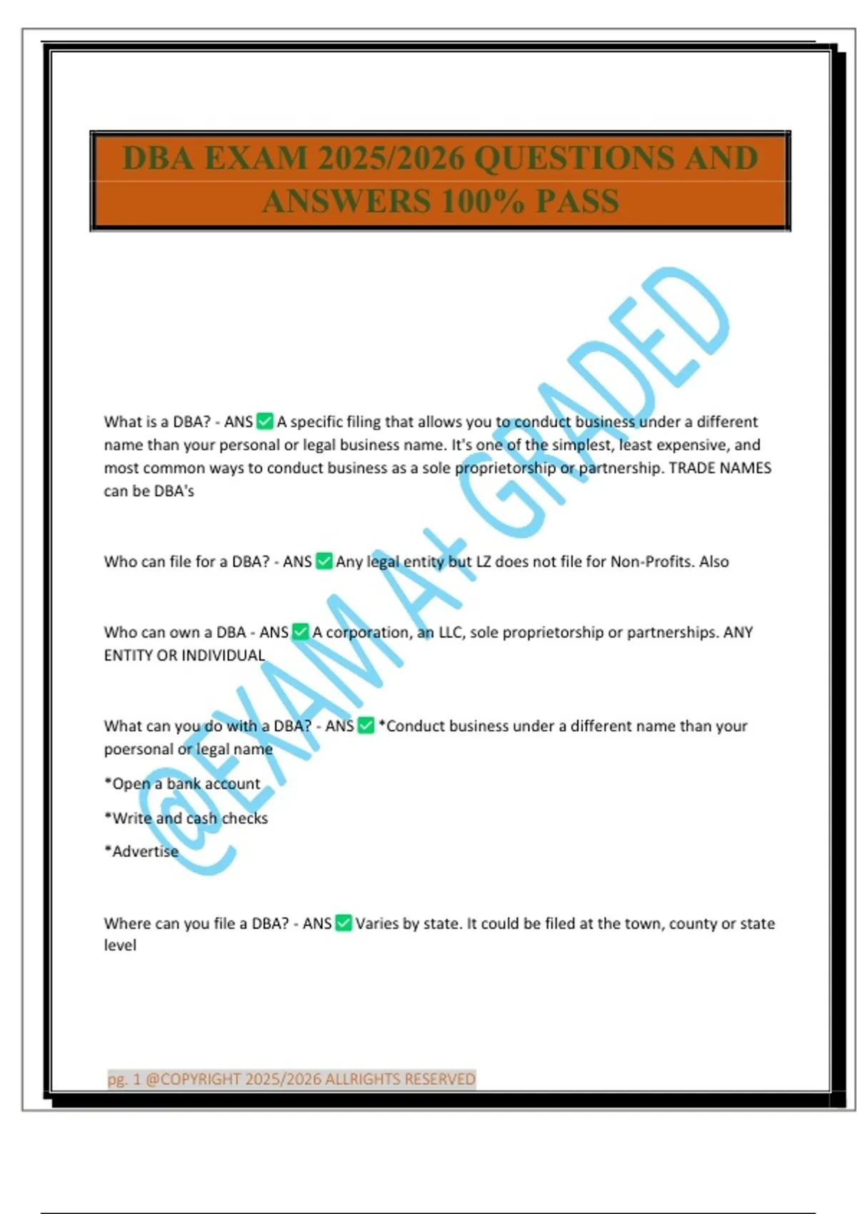 DBA EXAM 2025/2026 QUESTIONS AND ANSWERS 100% PASS - DBA - Stuvia US