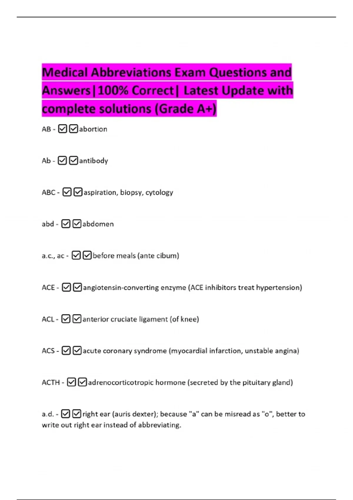 Medical Abbreviations Exam Questions and Answers|100% Correct| Latest ...