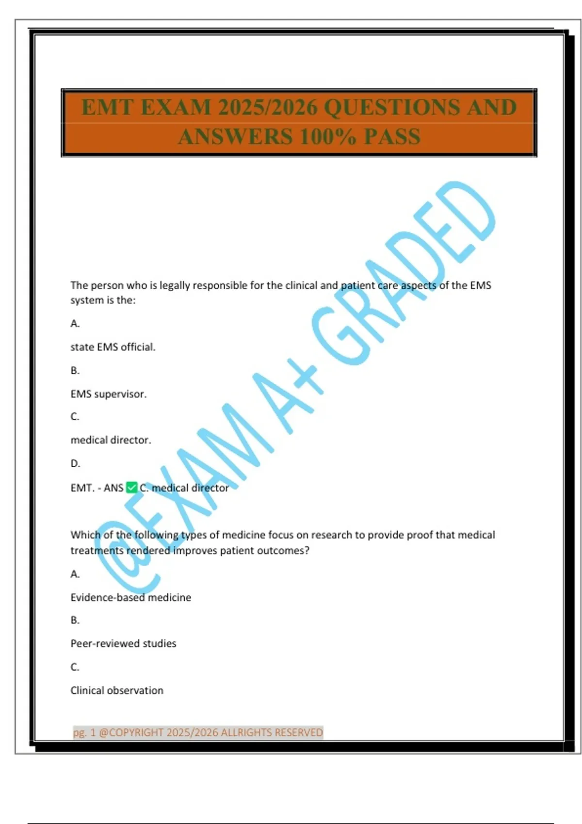 EMT EXAM 2025/2026 QUESTIONS AND ANSWERS 100% PASS - EMT - Stuvia US
