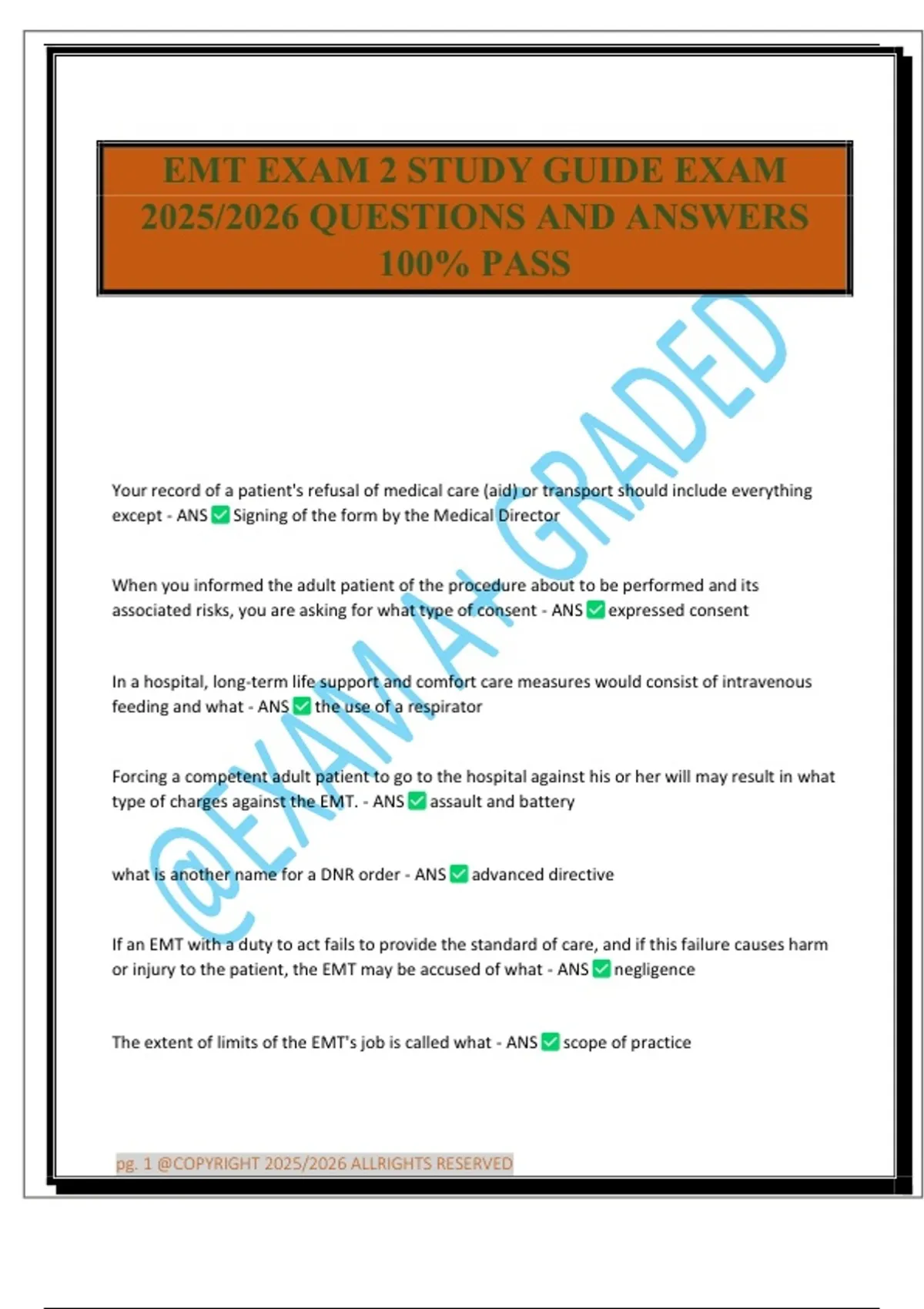 EMT EXAM 2 STUDY GUIDE EXAM 2025/2026 QUESTIONS AND ANSWERS 100% PASS ...