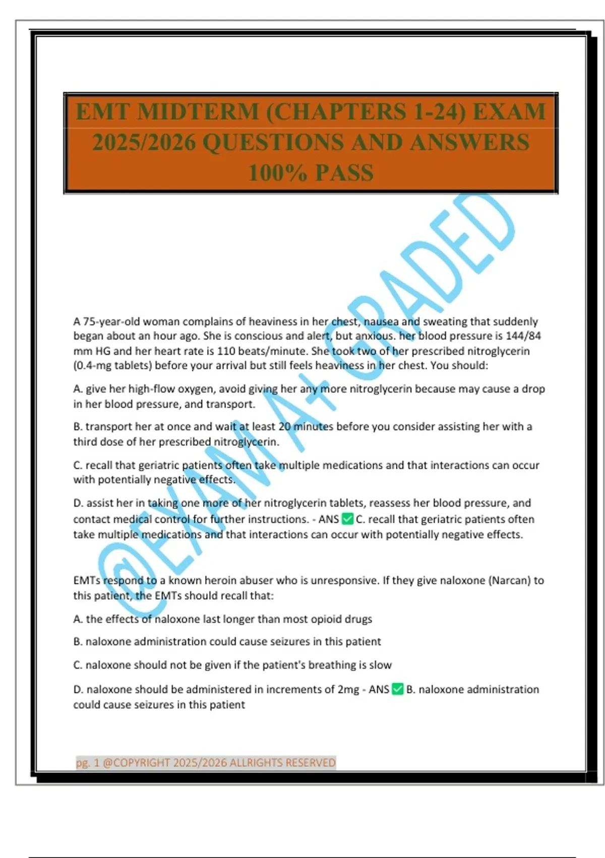 EMT MIDTERM (CHAPTERS 1-24) EXAM 2025/2026 QUESTIONS AND ANSWERS 100% ...