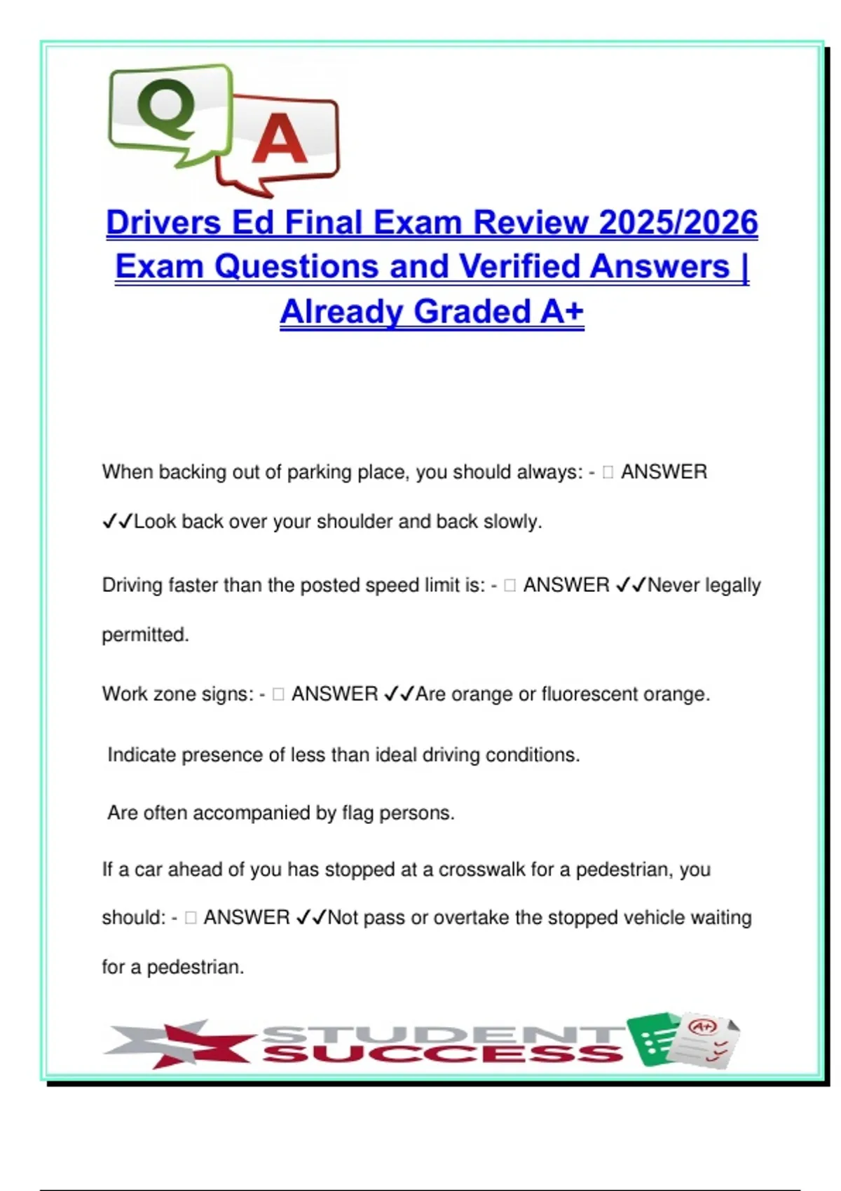 Drivers Ed Final Exam – 180 Practice Questions with Answers – Road ...