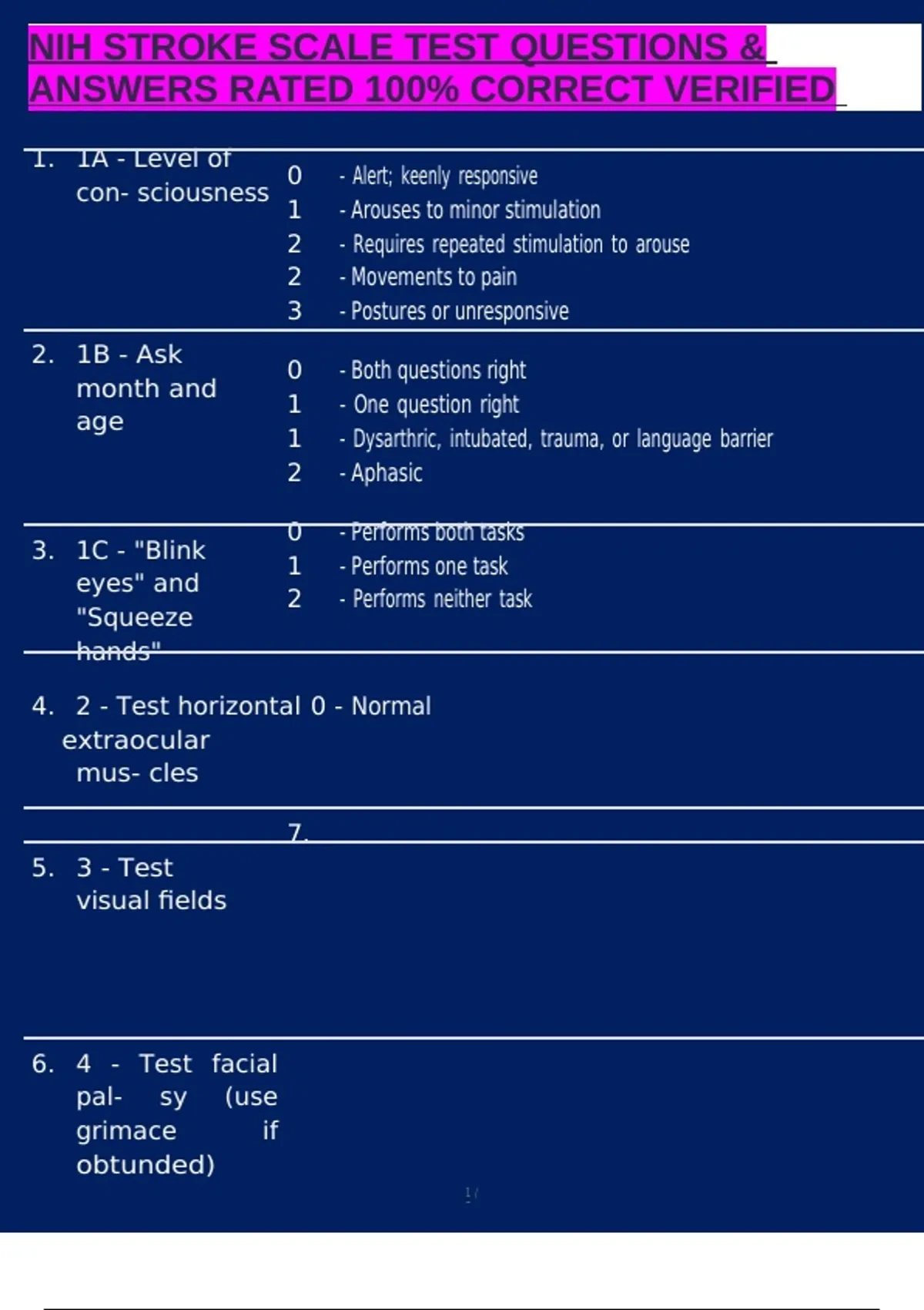 NIH STROKE SCALE TEST QUESTIONS & ANSWERS RATED 100% CORRECT VERIFIED ...