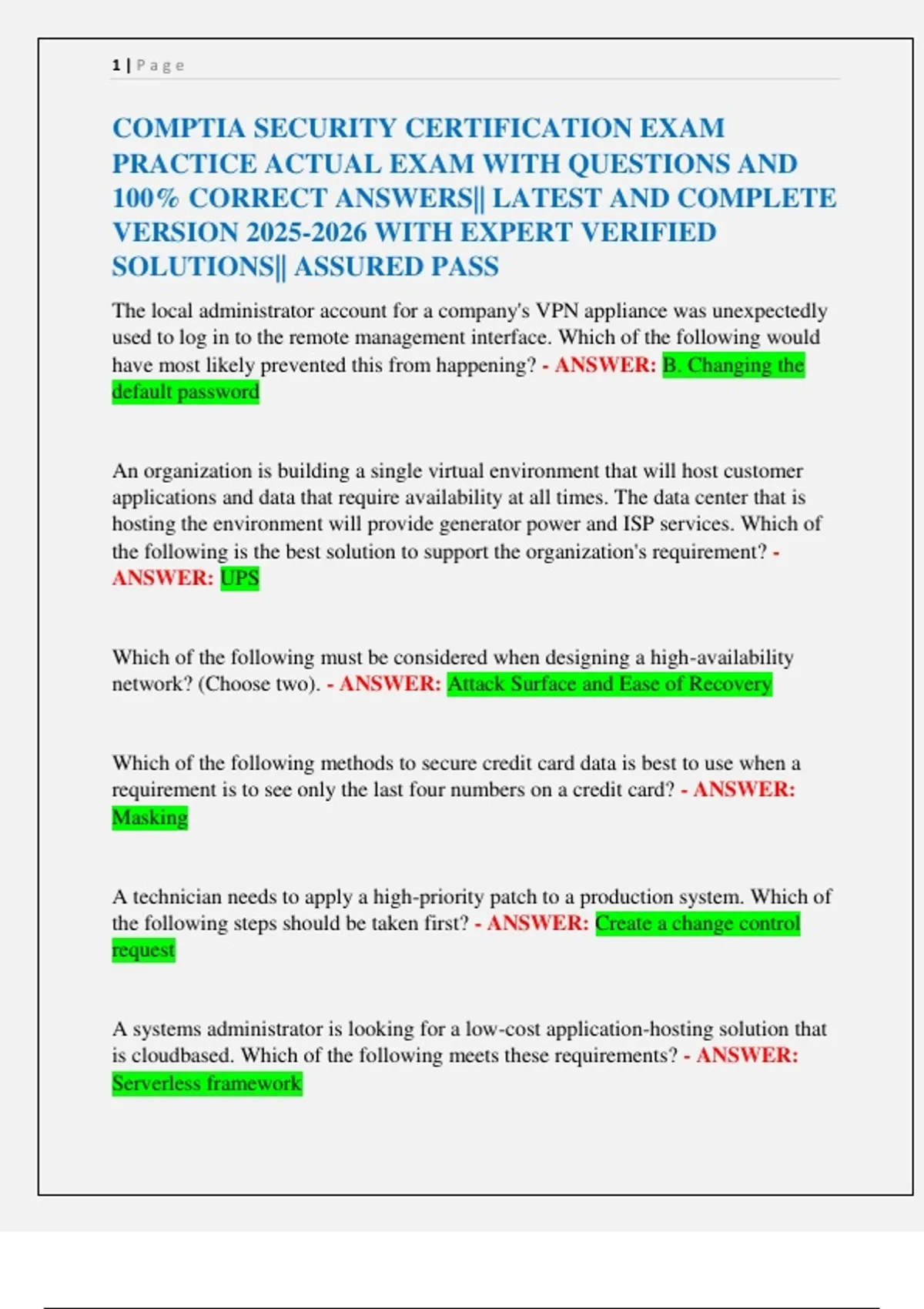 COMPTIA SECURITY CERTIFICATION EXAM PRACTICE ACTUAL EXAM WITH QUESTIONS ...