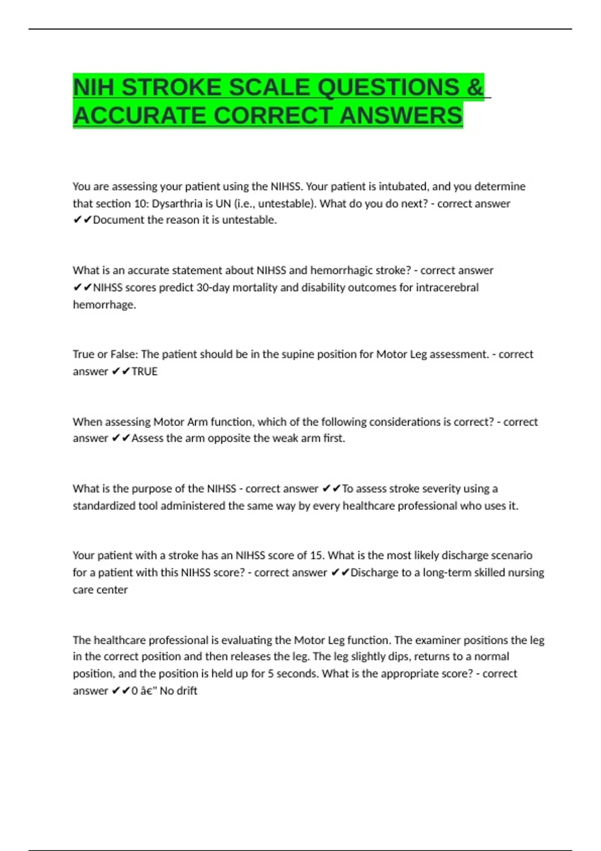 NIH STROKE SCALE QUESTIONS & ACCURATE CORRECT ANSWERS - NIH stroke ...