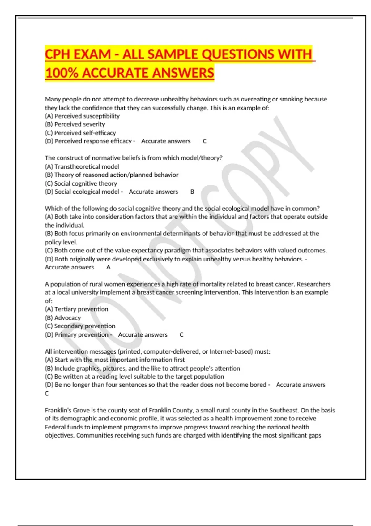 CPH EXAM - ALL SAMPLE QUESTIONS WITH 100% ACCURATE ANSWERS - CPHQ ...