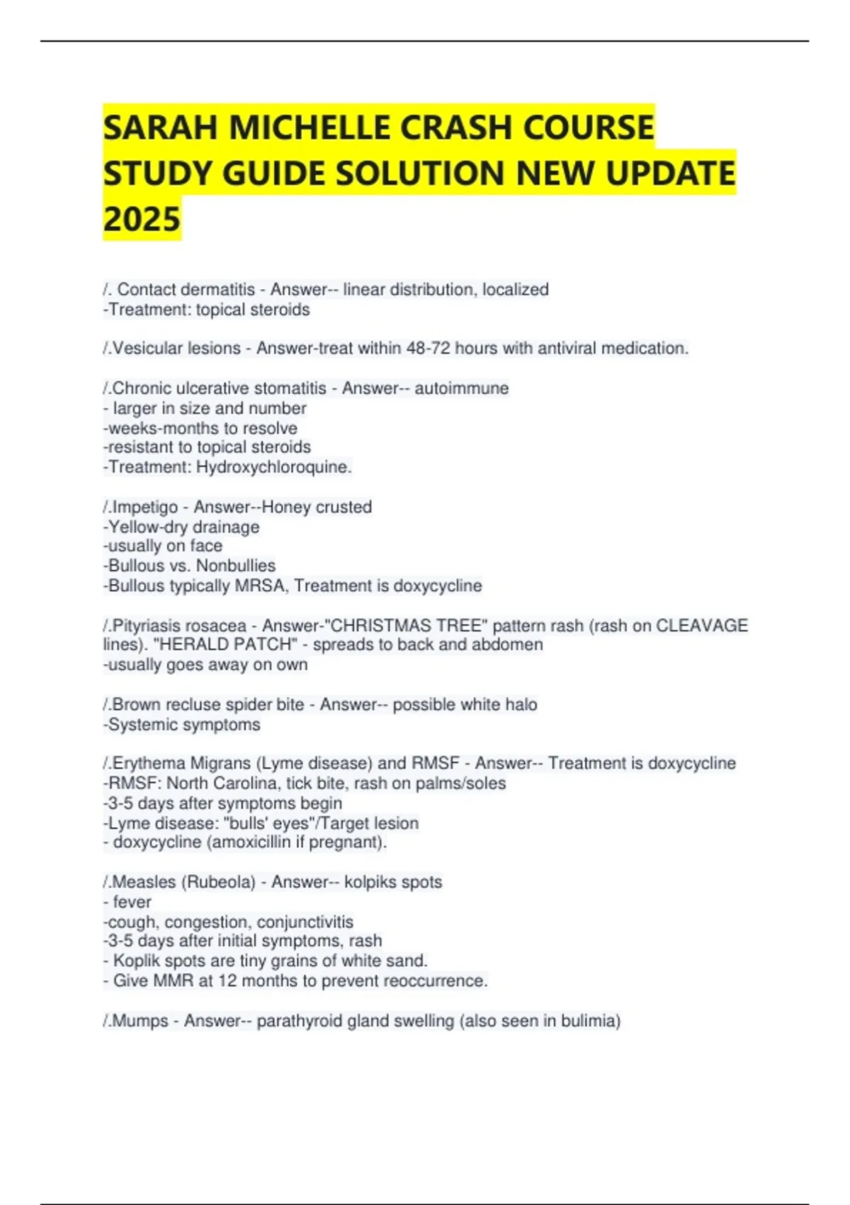 SARAH MICHELLE CRASH COURSE STUDY GUIDE SOLUTION NEW UPDATE 2025 ...