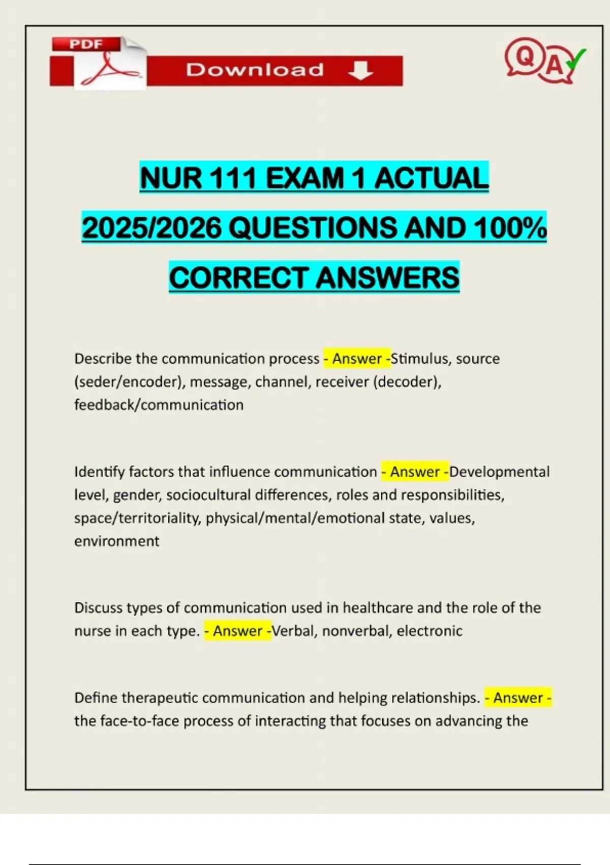 NUR 111 EXAM 1 ACTUAL 2025/2026 QUESTIONS AND 100% CORRECT ANSWERS ...