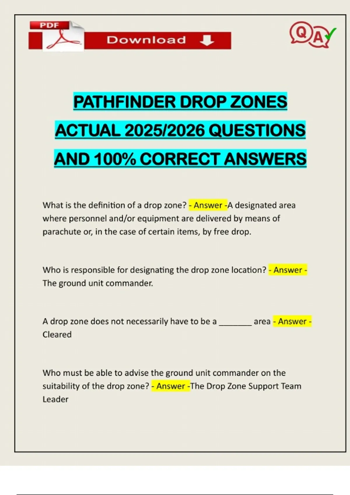 FULL EXAMS SET::: US ARMY PATHFINDER, PAHTFINDER HLZ ACTUAL 2025/2026 - Stuvia US