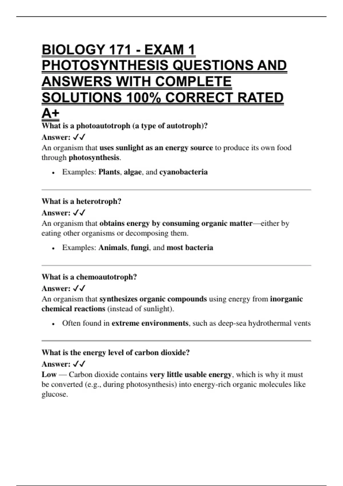 BIOLOGY 171 - EXAM 1 PHOTOSYNTHESIS QUESTIONS AND ANSWERS WITH COMPLETE ...