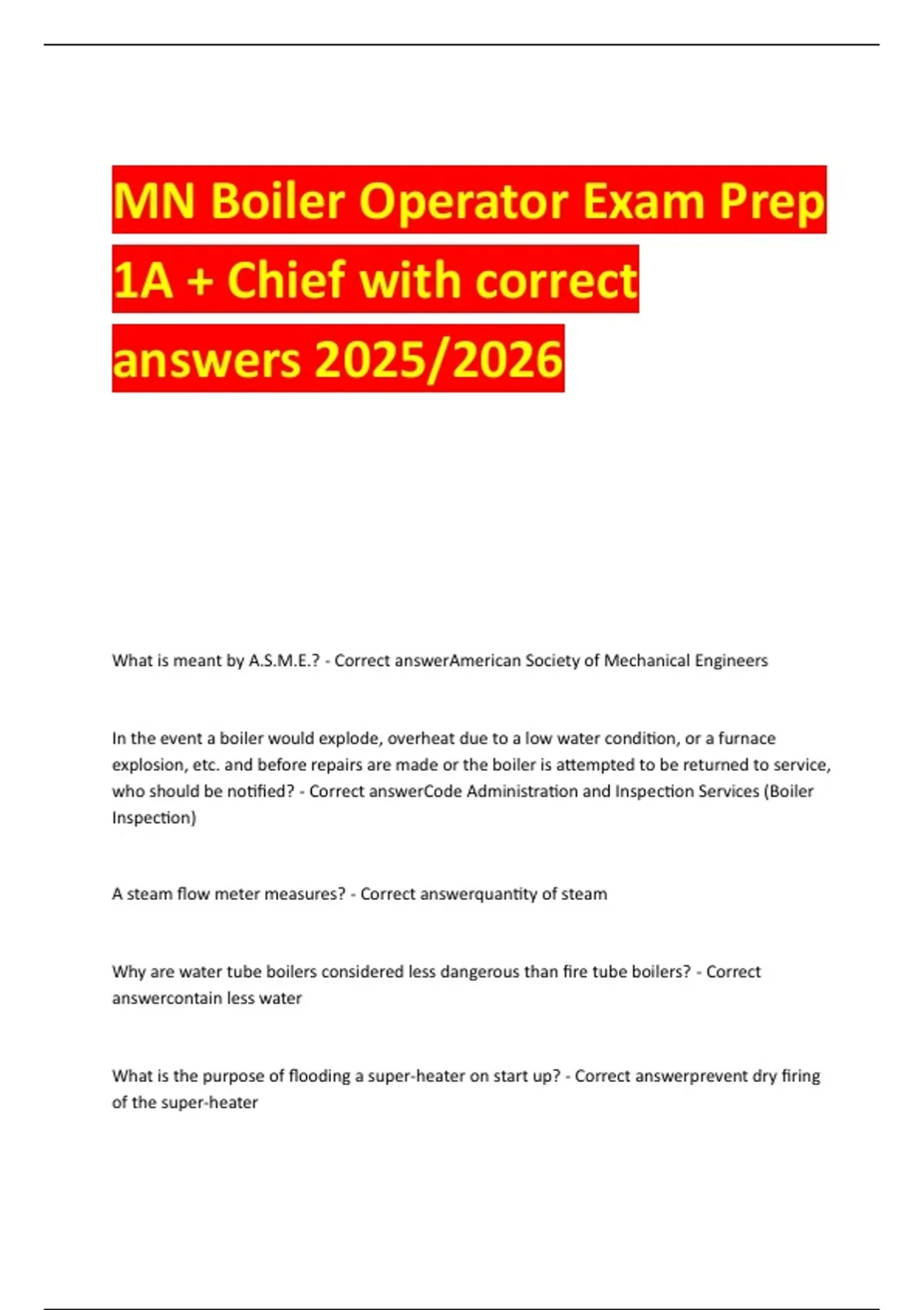 MN Boiler Operator Exam Prep 1A + Chief with correct answers 2025/2026 ...