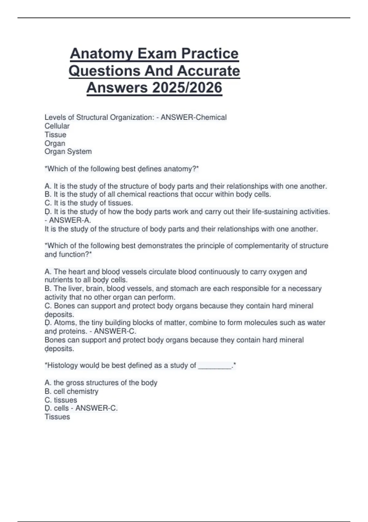 Anatomy Exam Practice Questions And Accurate Answers 2025/2026 ...