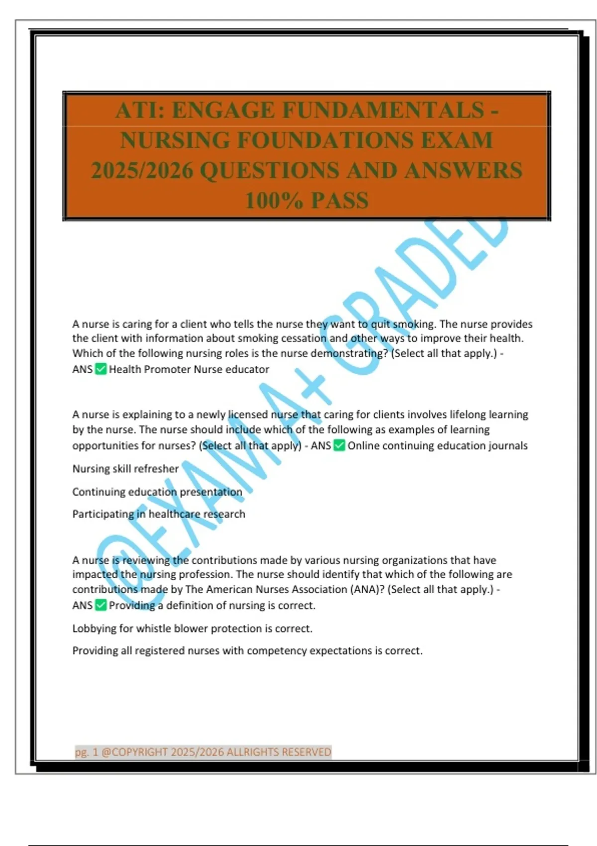 ATI: ENGAGE FUNDAMENTALS - NURSING FOUNDATIONS EXAM 2025/2026 QUESTIONS AND ANSWERS 100% PASS ...
