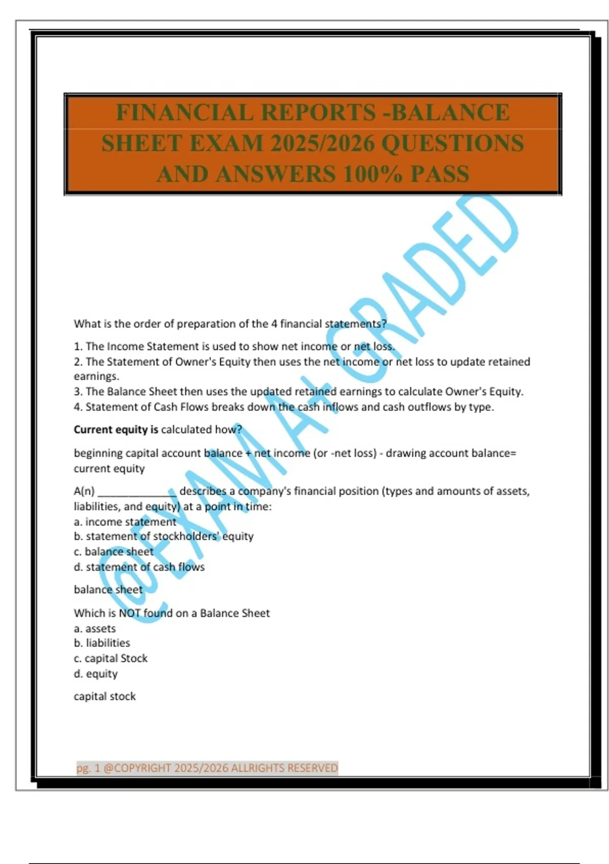 FINANCIAL REPORTS -BALANCE SHEET EXAM 2025/2026 QUESTIONS AND ANSWERS ...