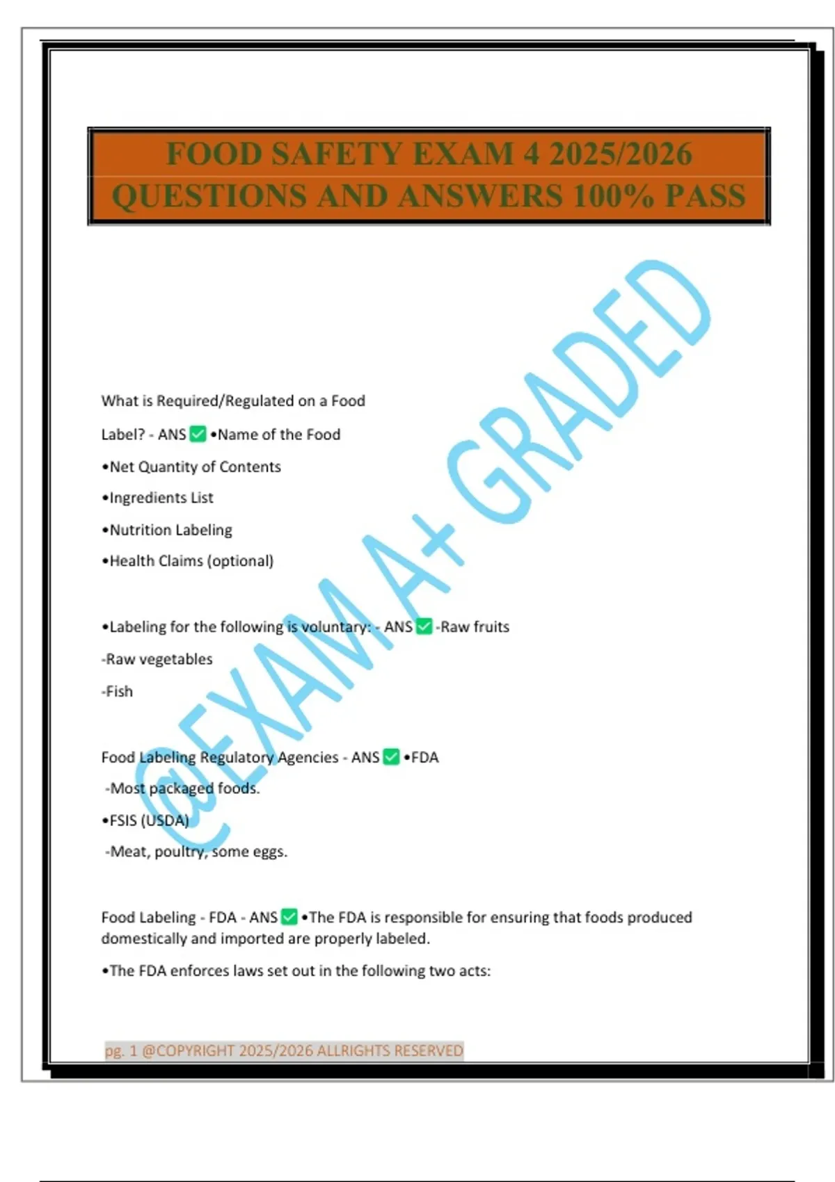 FOOD SAFETY EXAM 4 2025/2026 QUESTIONS AND ANSWERS 100% PASS - FOOD ...